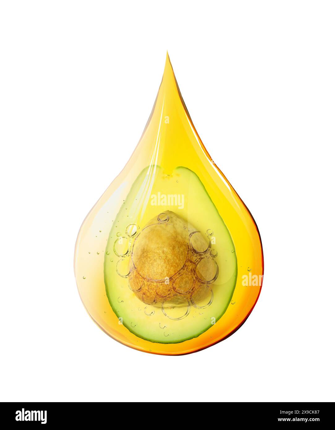 Cooking oil drop with half of avocado inside on white background Stock ...