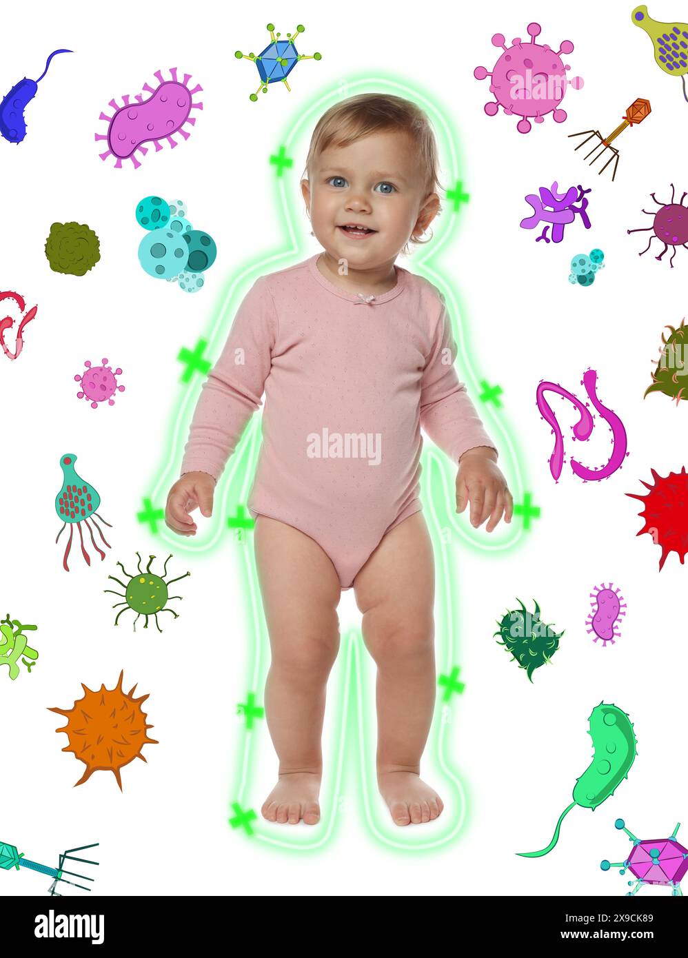 Cute little baby surrounded by drawn viruses on white background ...