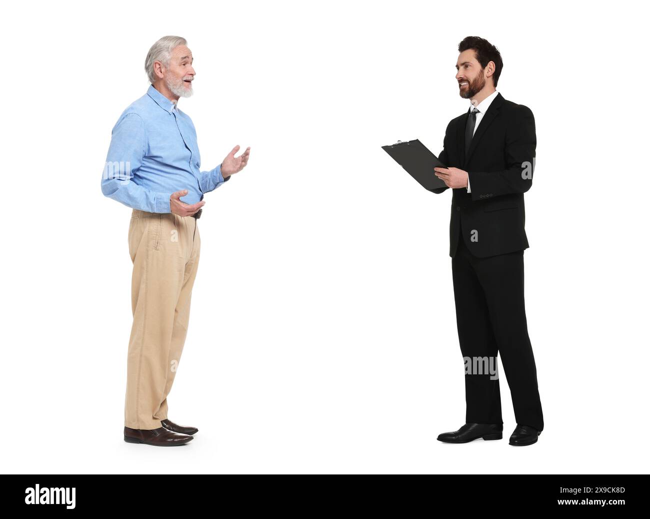 Two businessmen talking on white background. Dialogue Stock Photo - Alamy