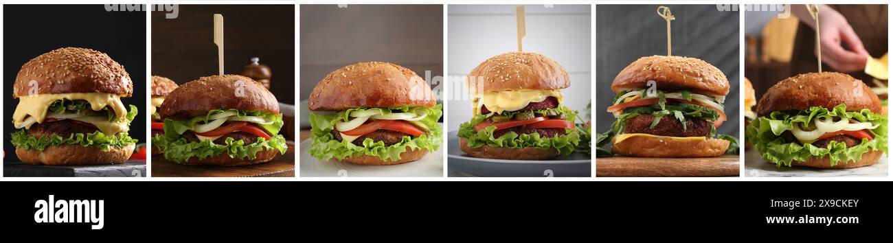 Delicious vegetarian burgers, collage with different photos Stock Photo ...