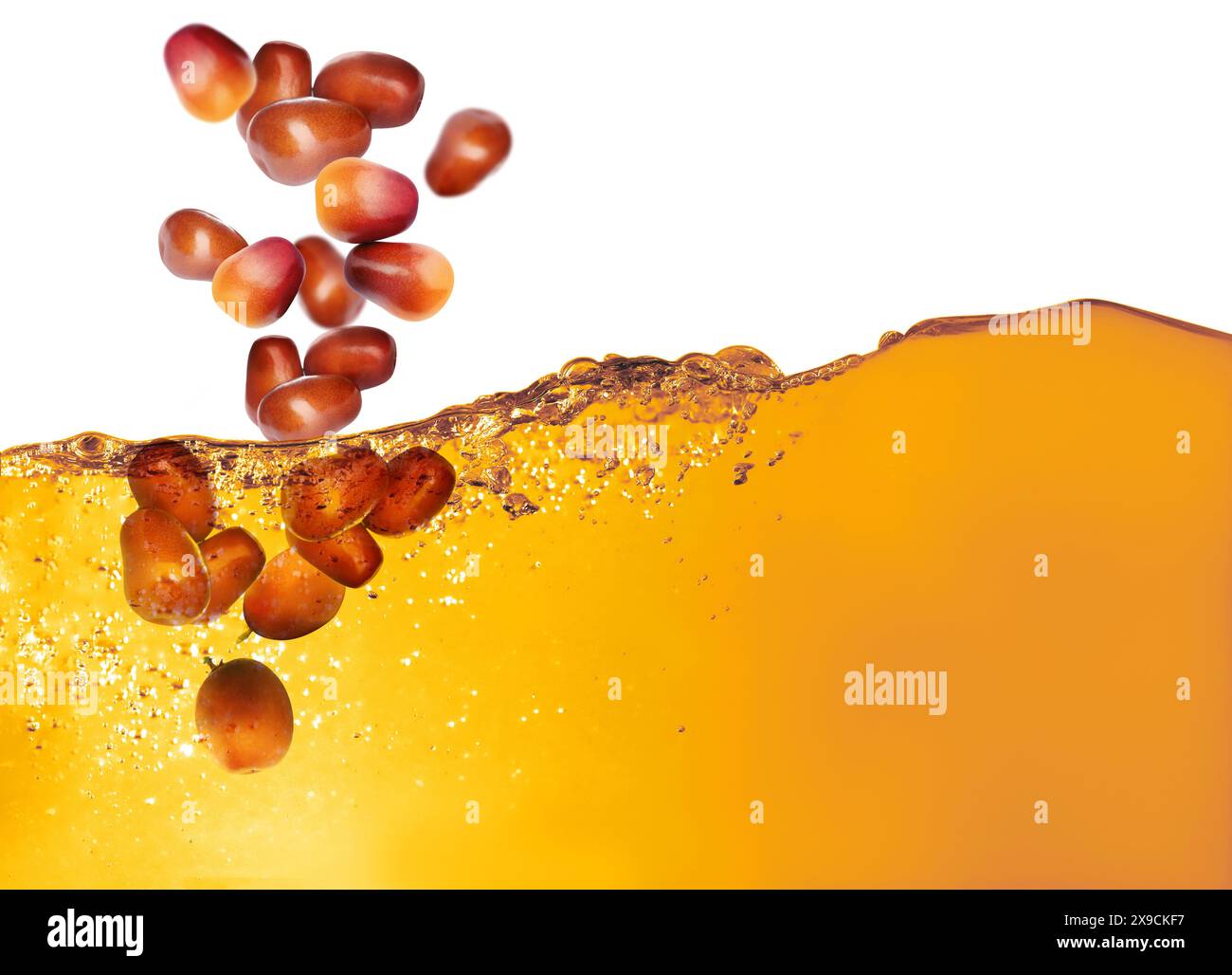 Palm fruits falling into cooking oil on white background Stock Photo ...