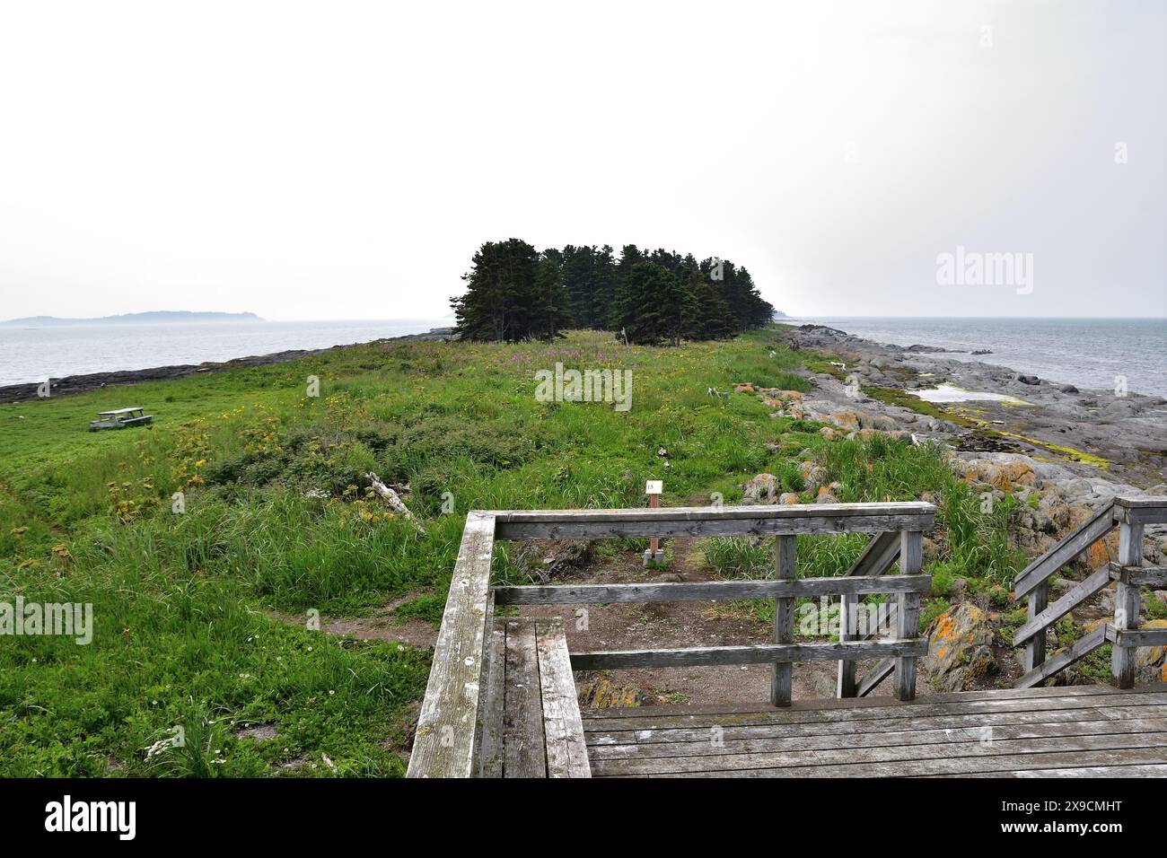 Island cape in the middle of St-Lawrence river. Weathered wooden ...
