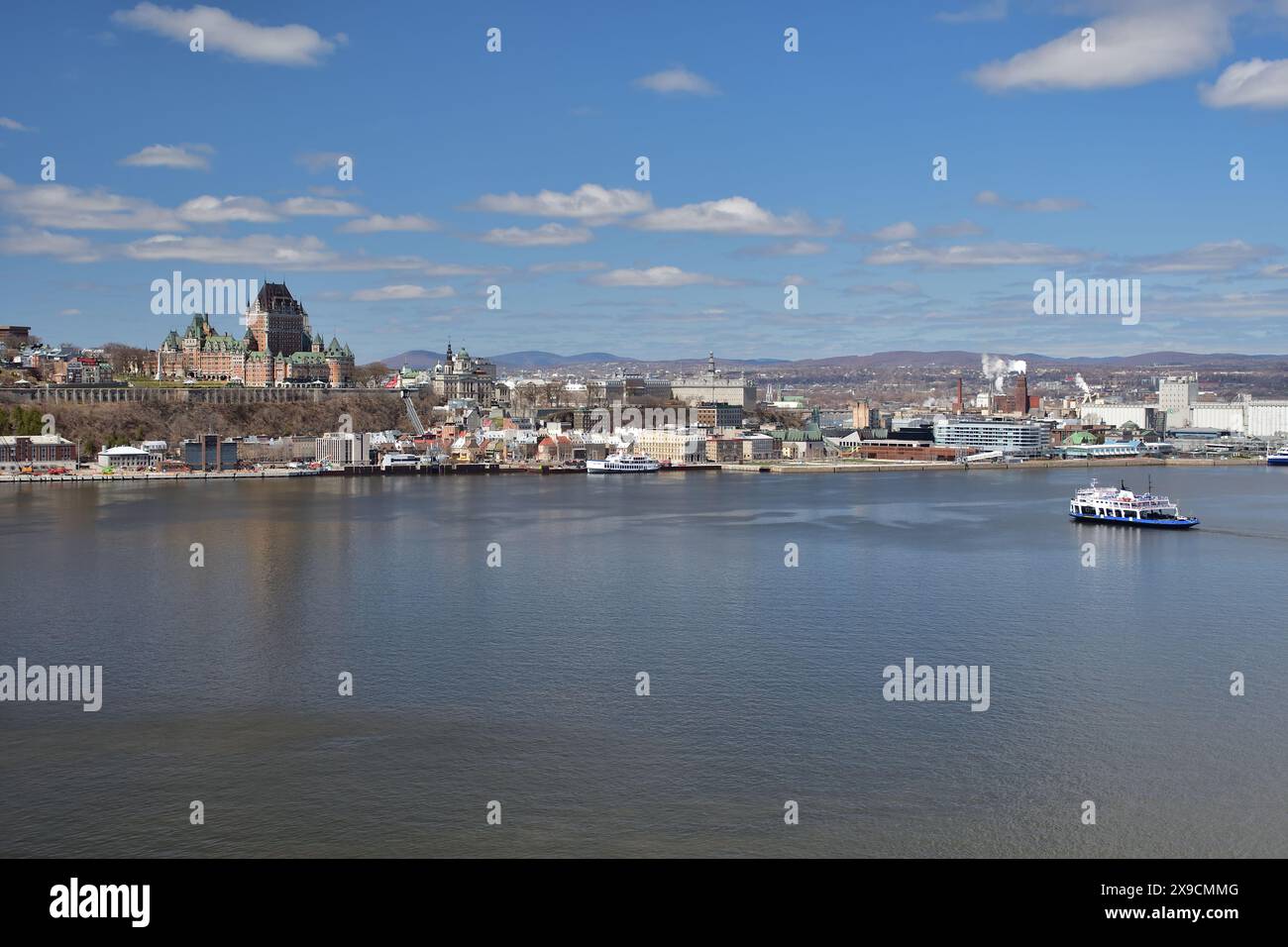 Old Quebec cityscape seen from Levis. Ferry on St-Lawrence river ...