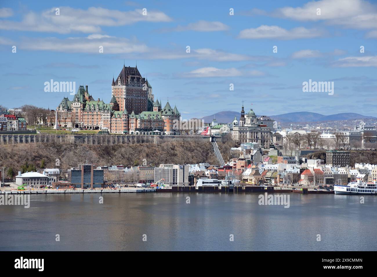 Old Quebec cityscape seen from Levis. Ferry on St-Lawrence river ...