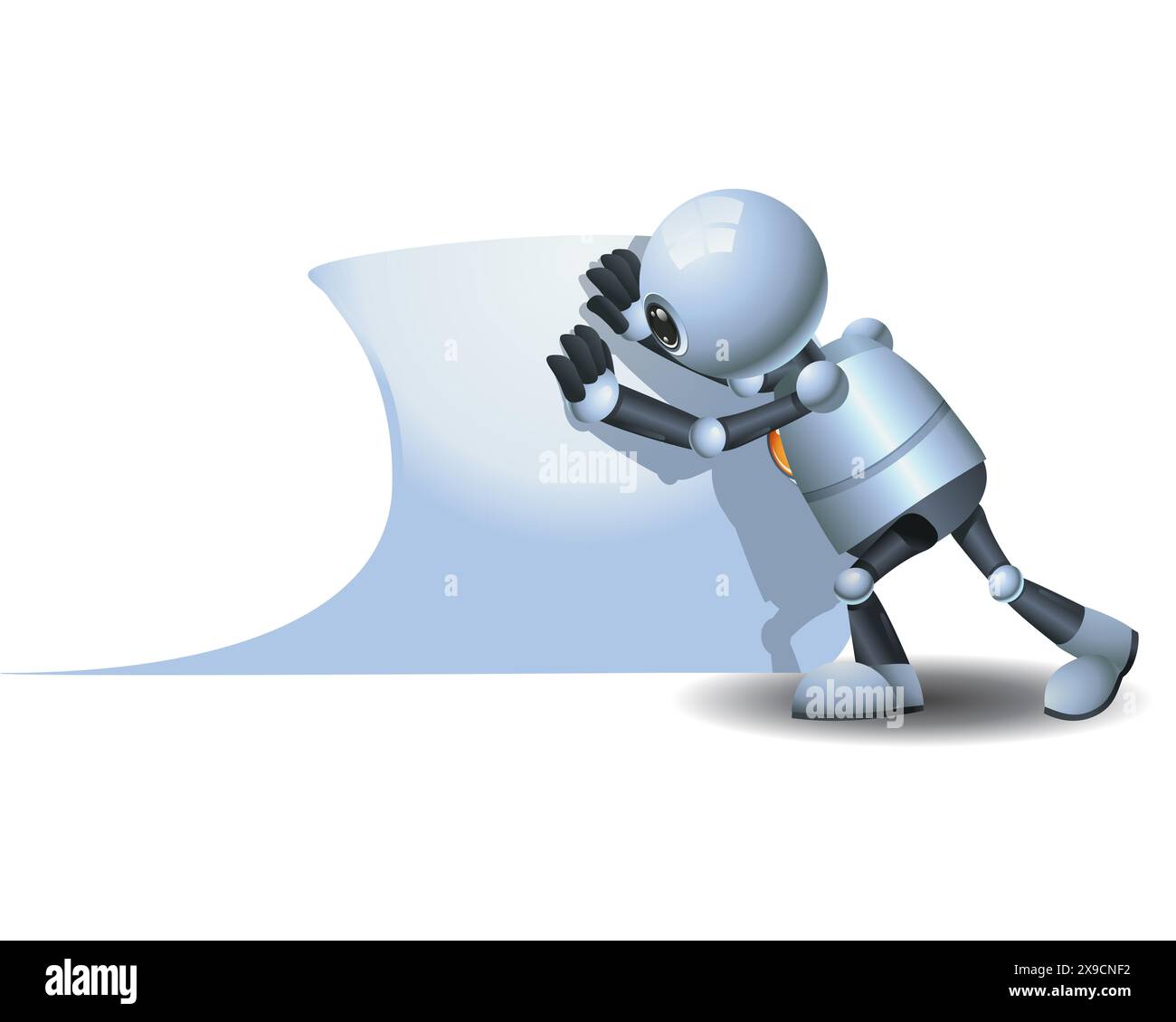 3D illustration of a little robot pushing paper edge on isolated white ...