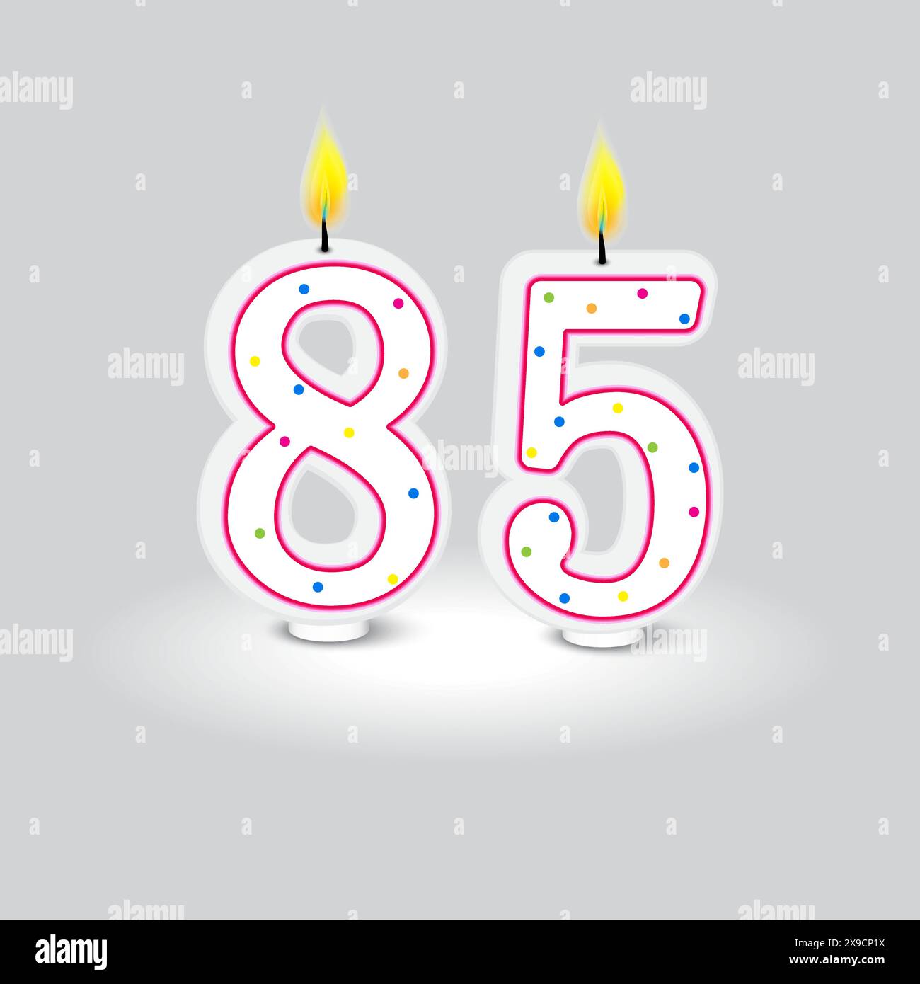 Number eighty five. Birthday candle vector. Colorful polka dots. Grey ...