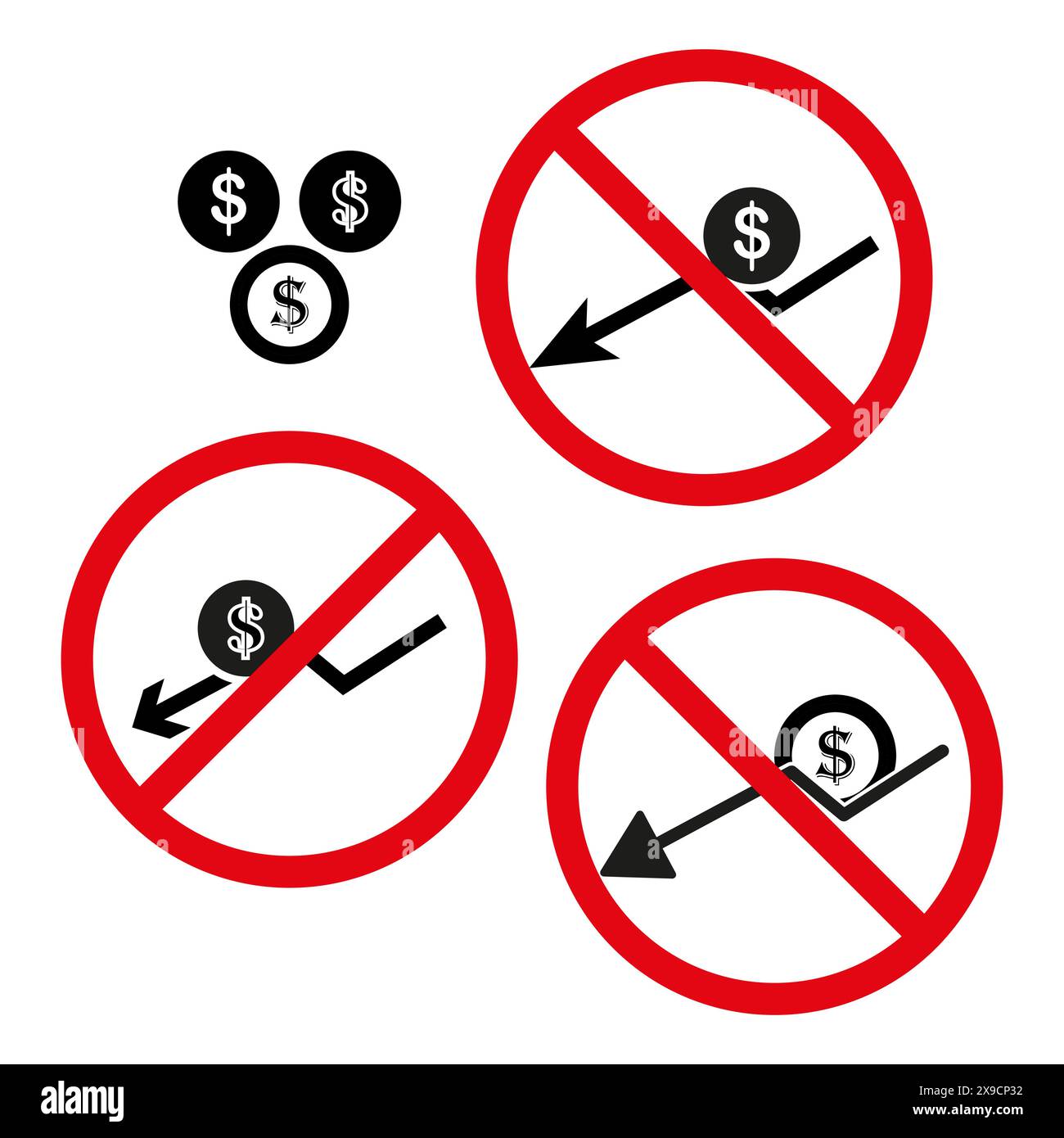 Prohibited financial transactions symbols. No money exchange icons ...