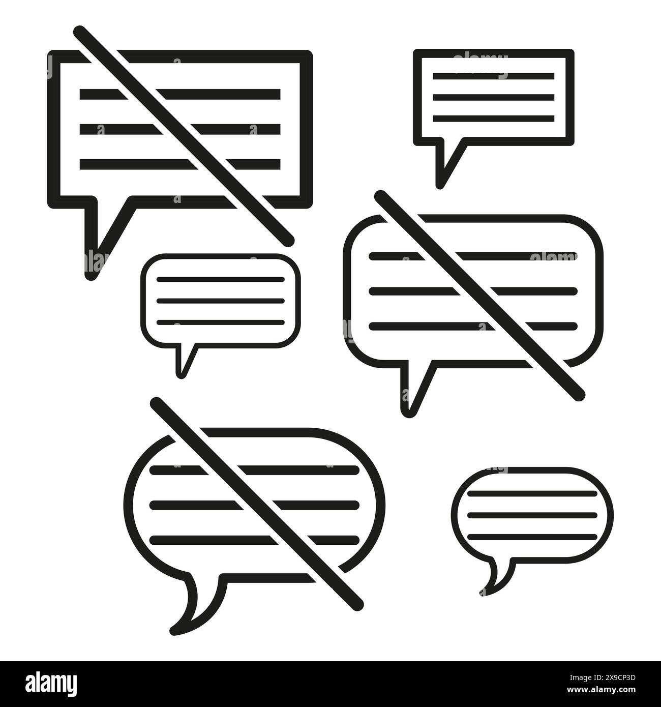 Silenced communication icons. Prohibited message symbols. No chat ...