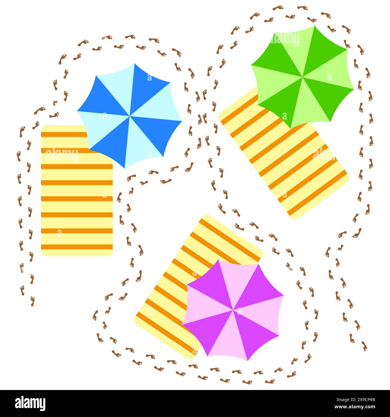 Beach umbrellas top view. Colorful mats and footprints. Summer vacation ...