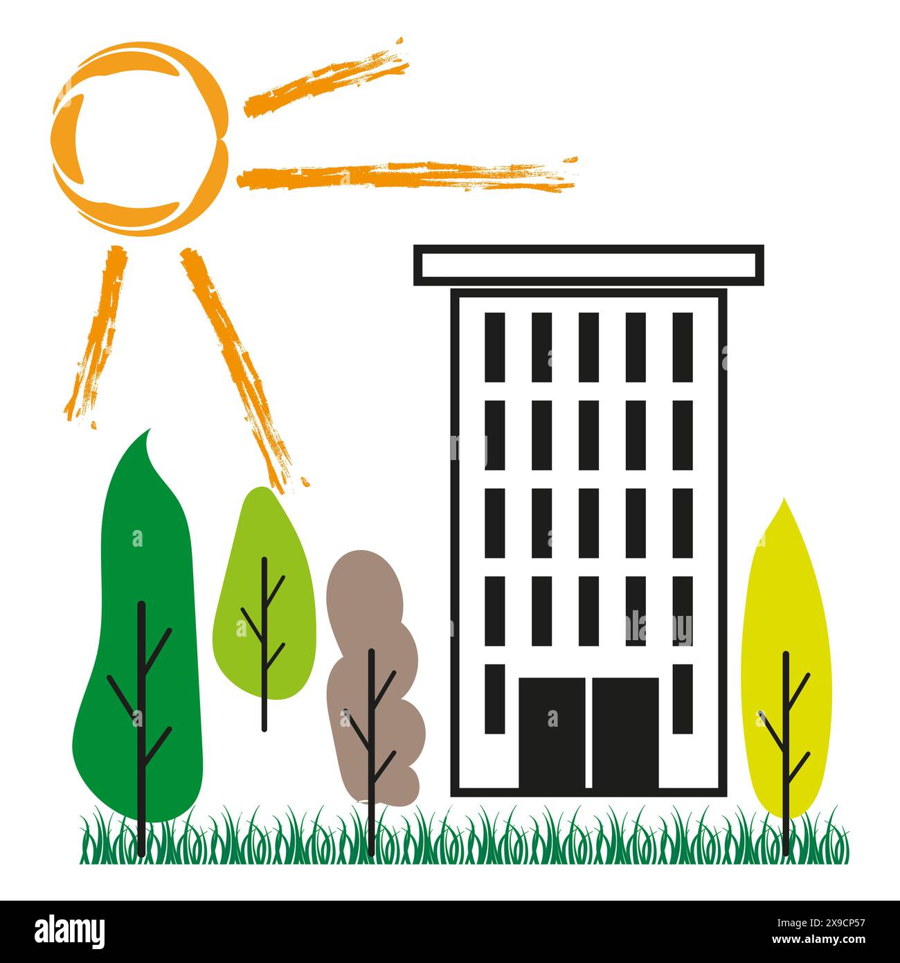 City building and trees. Sun and grass. Urban nature scene. Modern ...