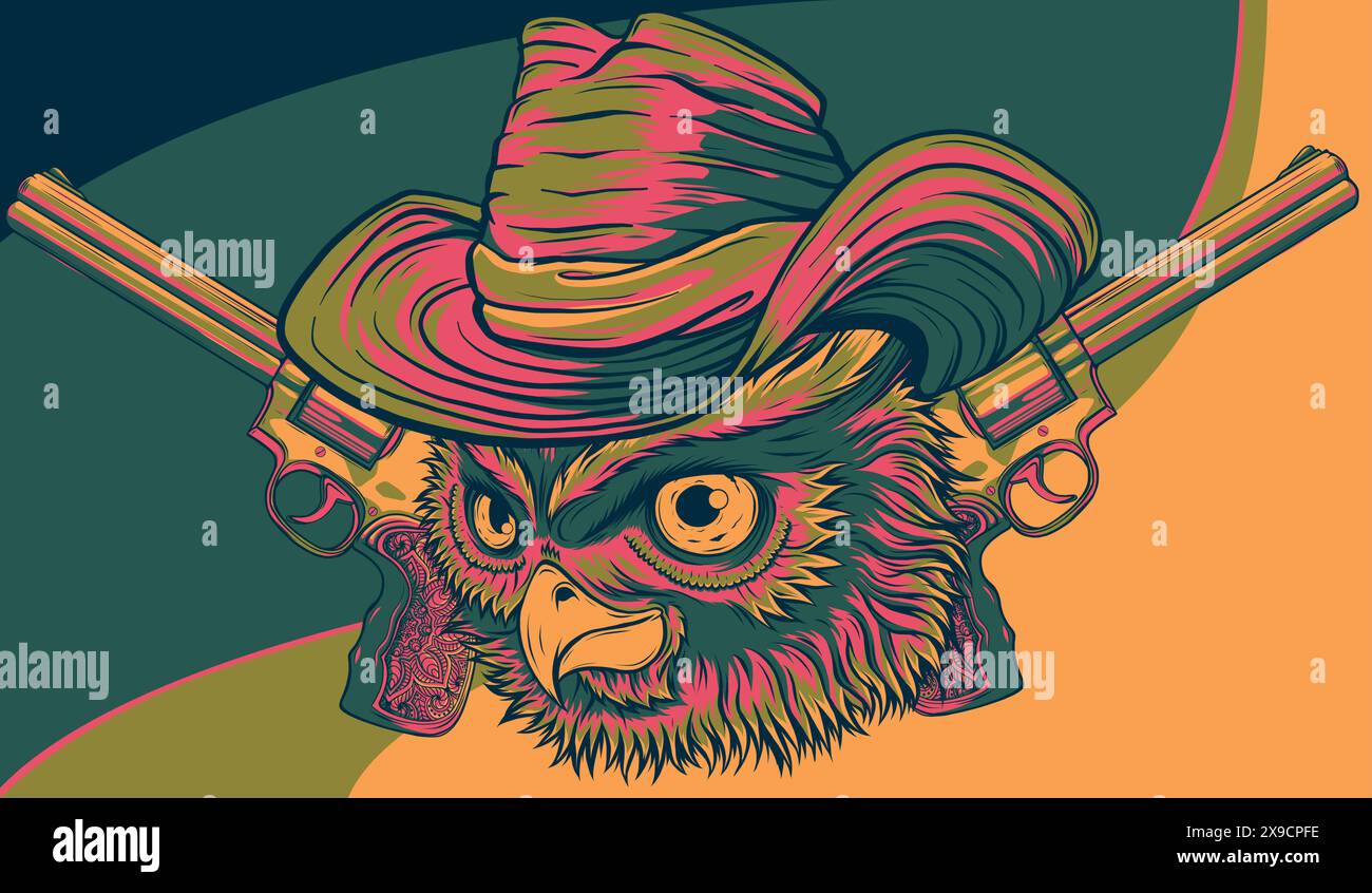vector illustration of owl cowboy with hat and a gun Stock Vector Image ...