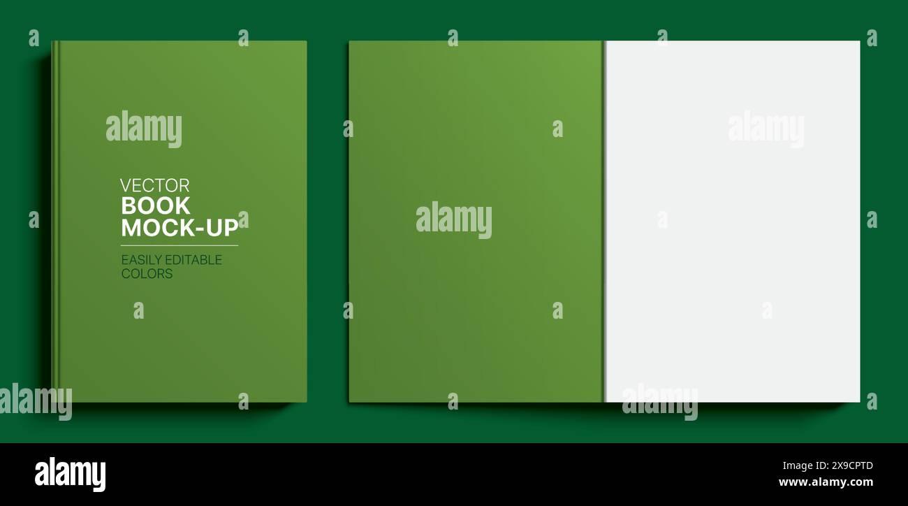 Green color book vector mockup showcasing both cover and open layout on ...