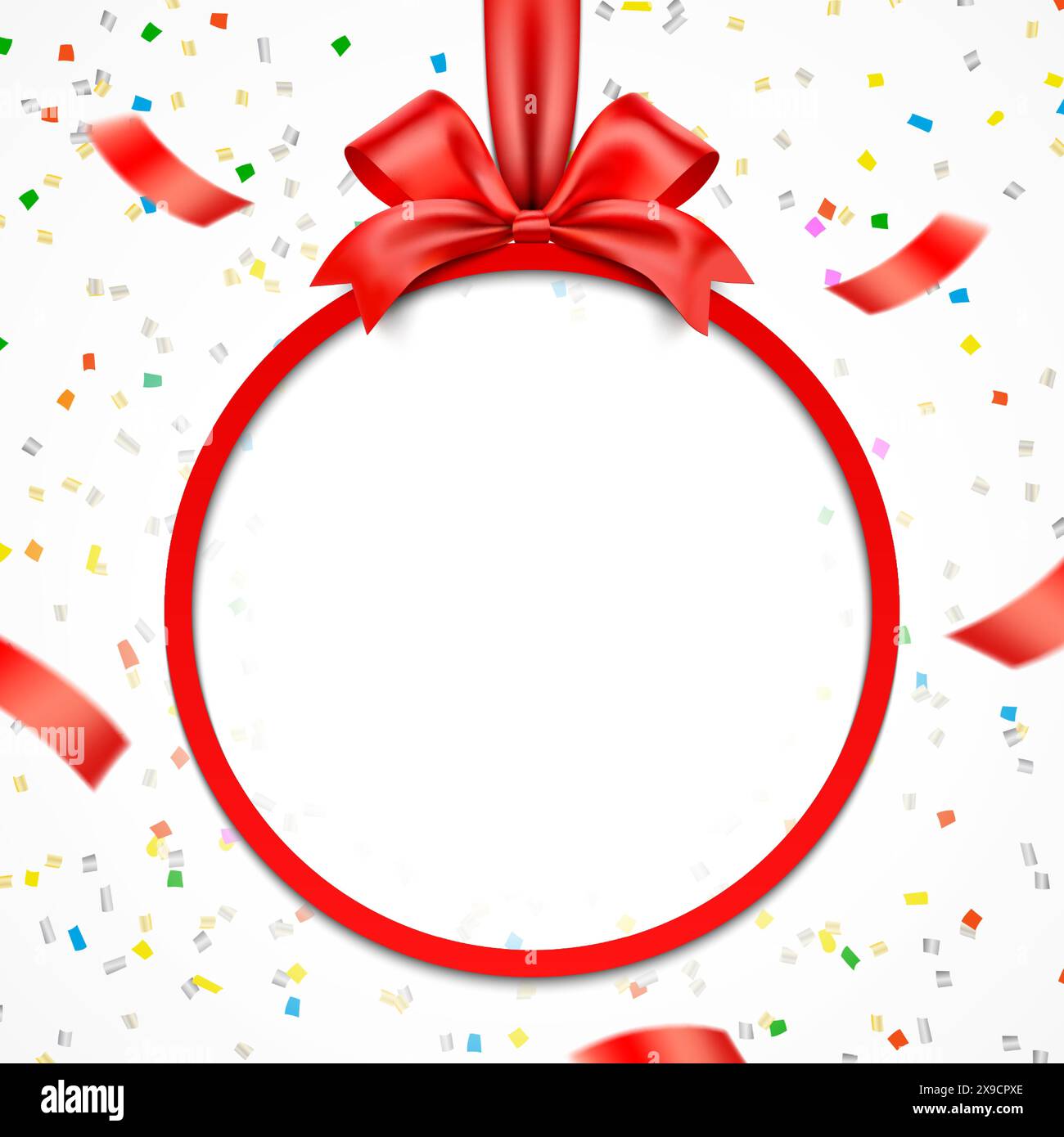 A vibrant red ribbon tied in a bow forms a circular frame with colorful ...