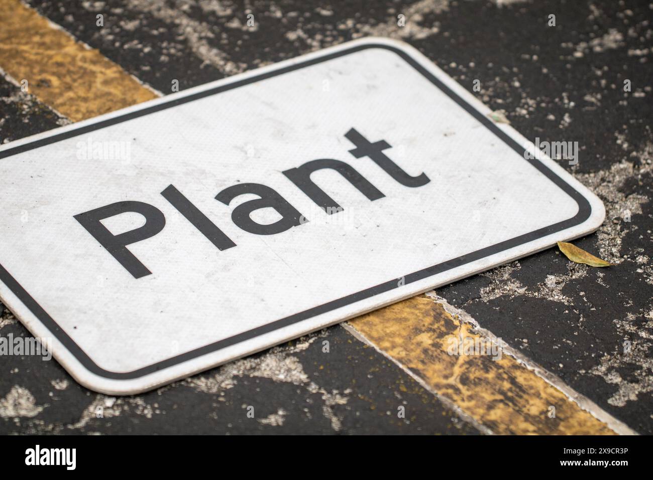 Metal Plant Sign on the ground Stock Photo - Alamy