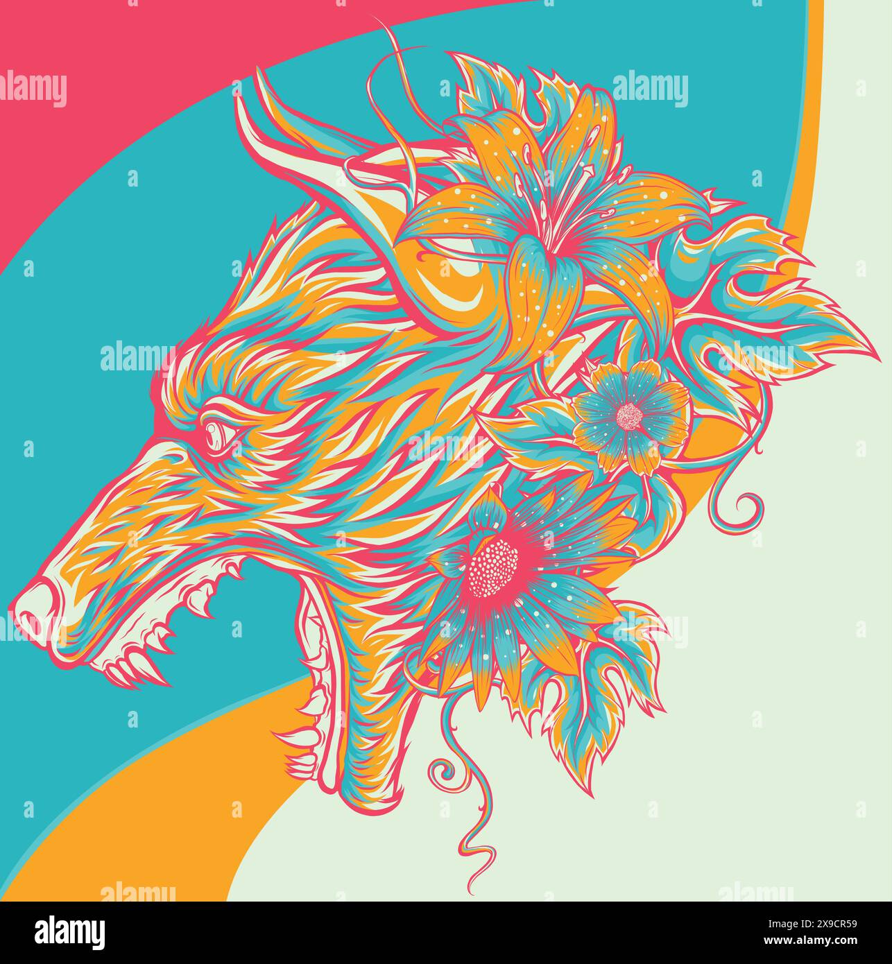 vector illustration of Flowers and wolf's head Stock Vector Image & Art ...