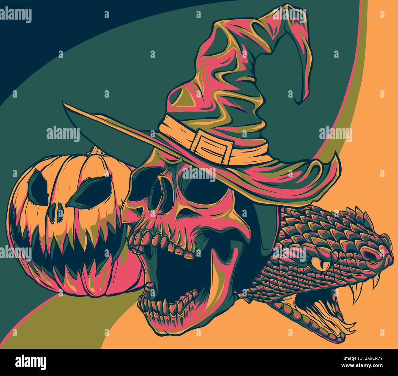 halloween cute wizard skull head with pumpkin and snake Stock Vector ...