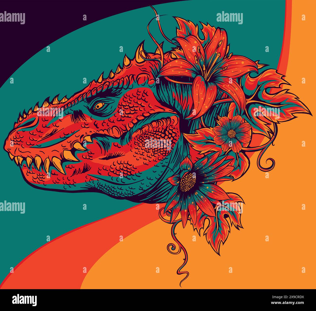 vector illustration of tirannosaurus rex head with leaves and flowers Stock Vector Image & Art ...