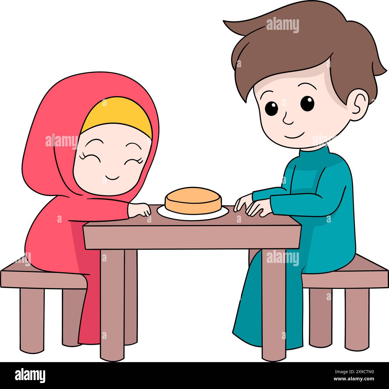 cartoon doodle illustration of Muslim worship, a girl and a boy are ...