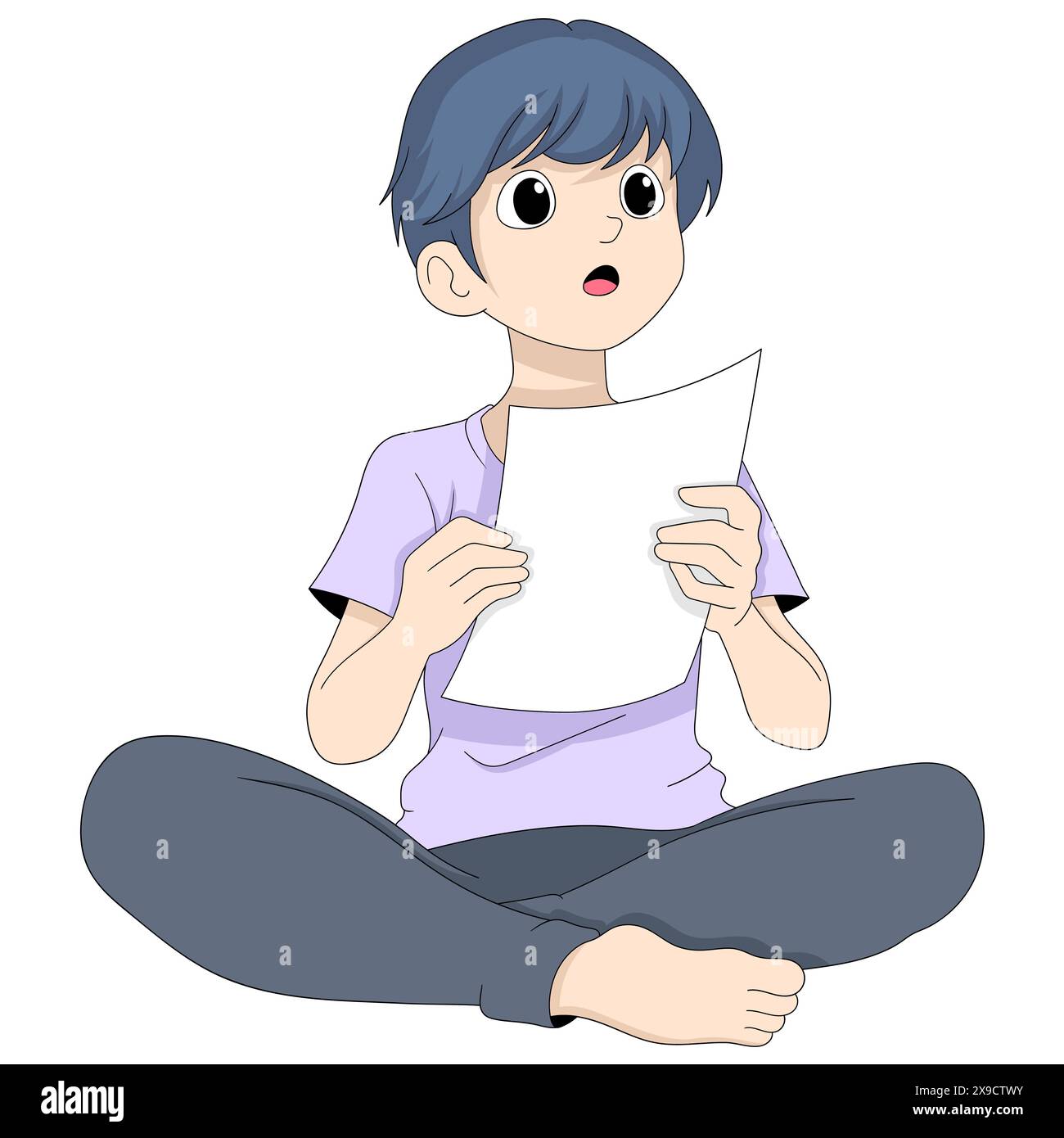 cartoon doodle illustration of people's activities, young boy sitting ...