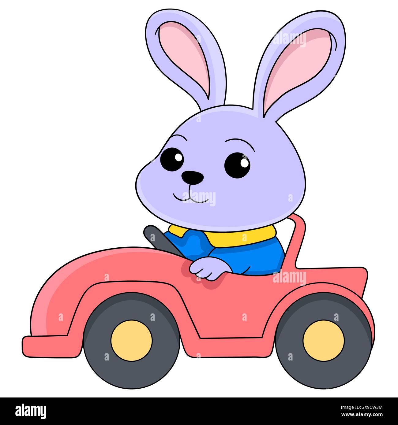Easter themed cartoon doodle illustration, rabbit is driving a red car ...