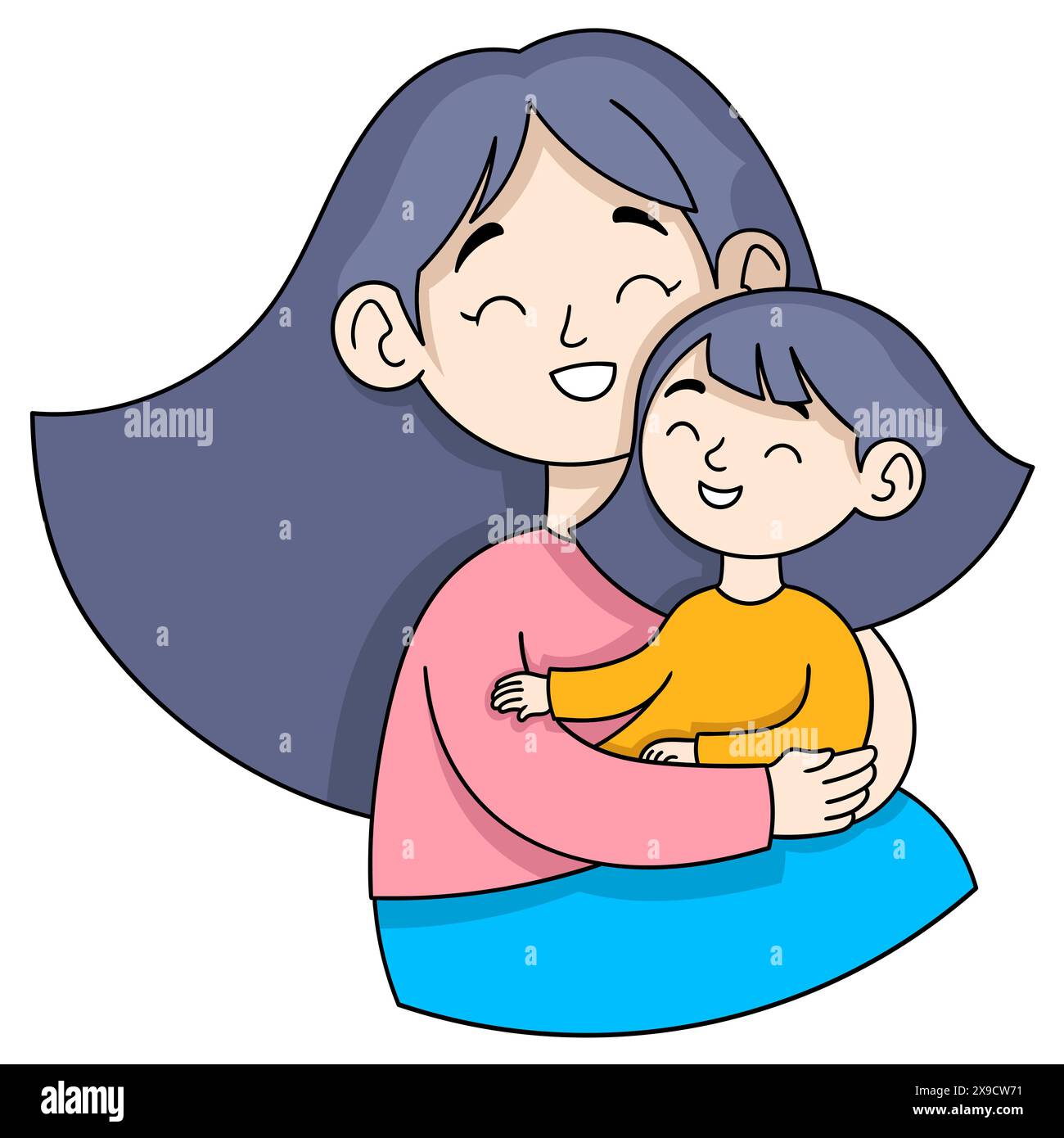 mother's day cartoon doodle illustration, mother and daughter hugging ...