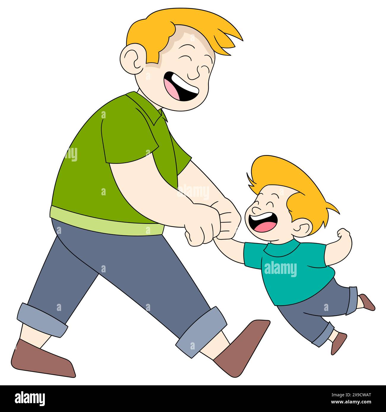father's day cartoon doodle illustration, father and son playing ...