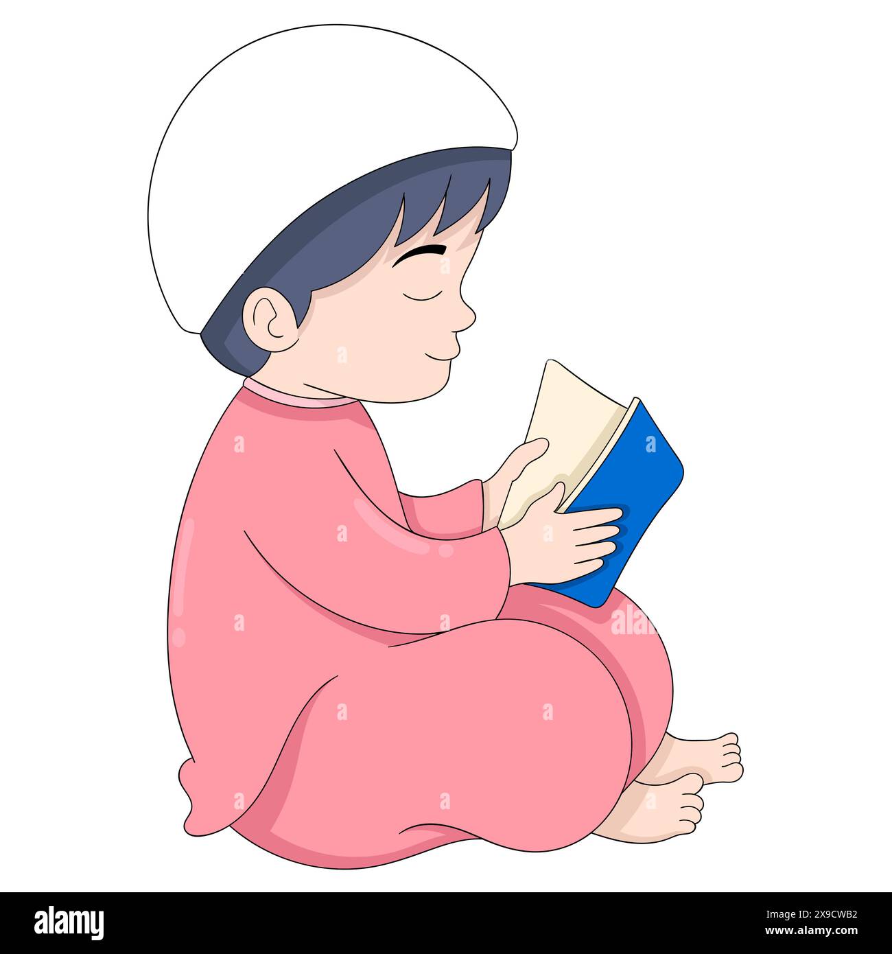 cartoon doodle illustration of religion, Muslim boy sitting in prayer ...
