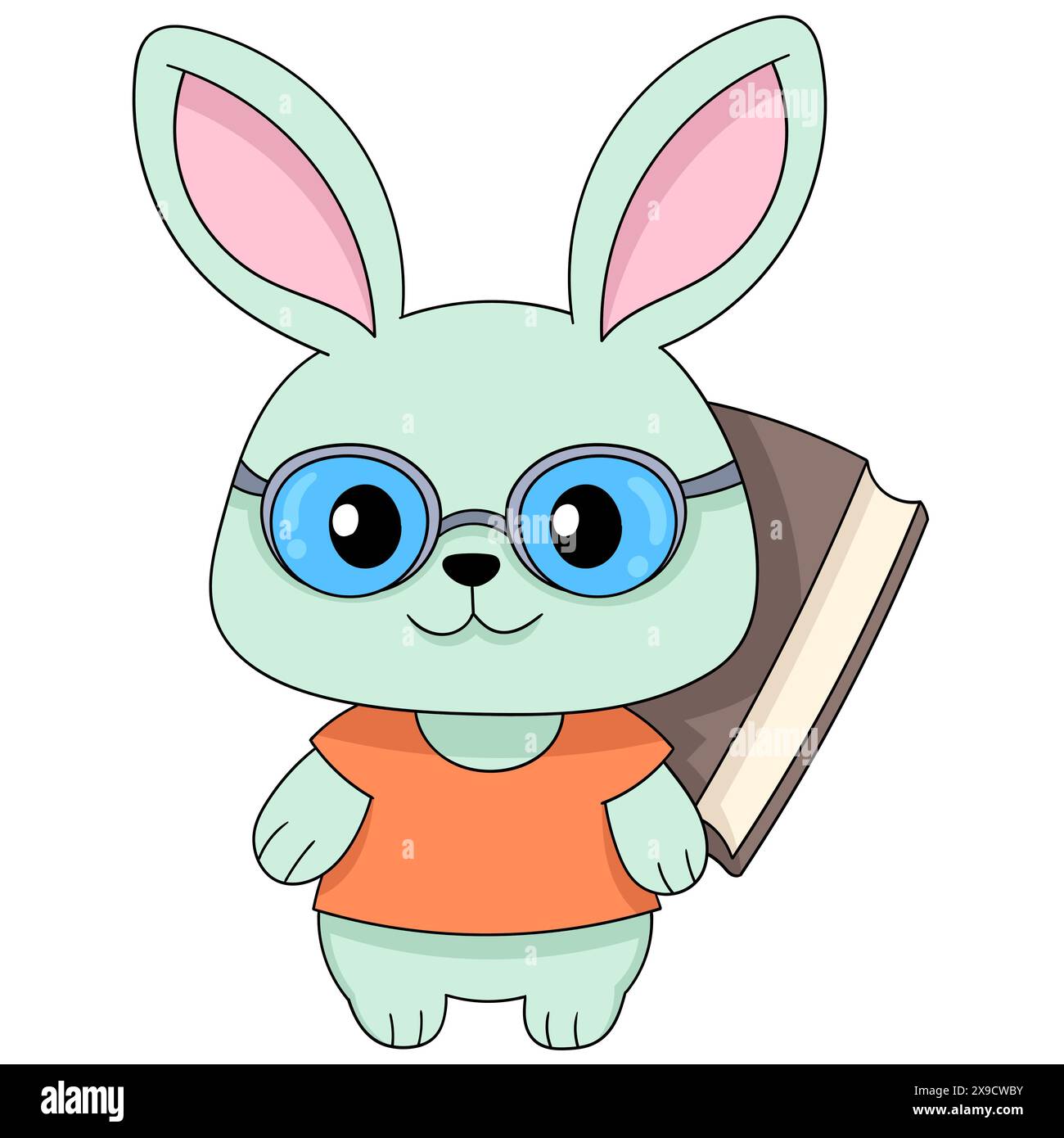 Easter-themed cartoon doodle illustration, rabbit student carrying a ...