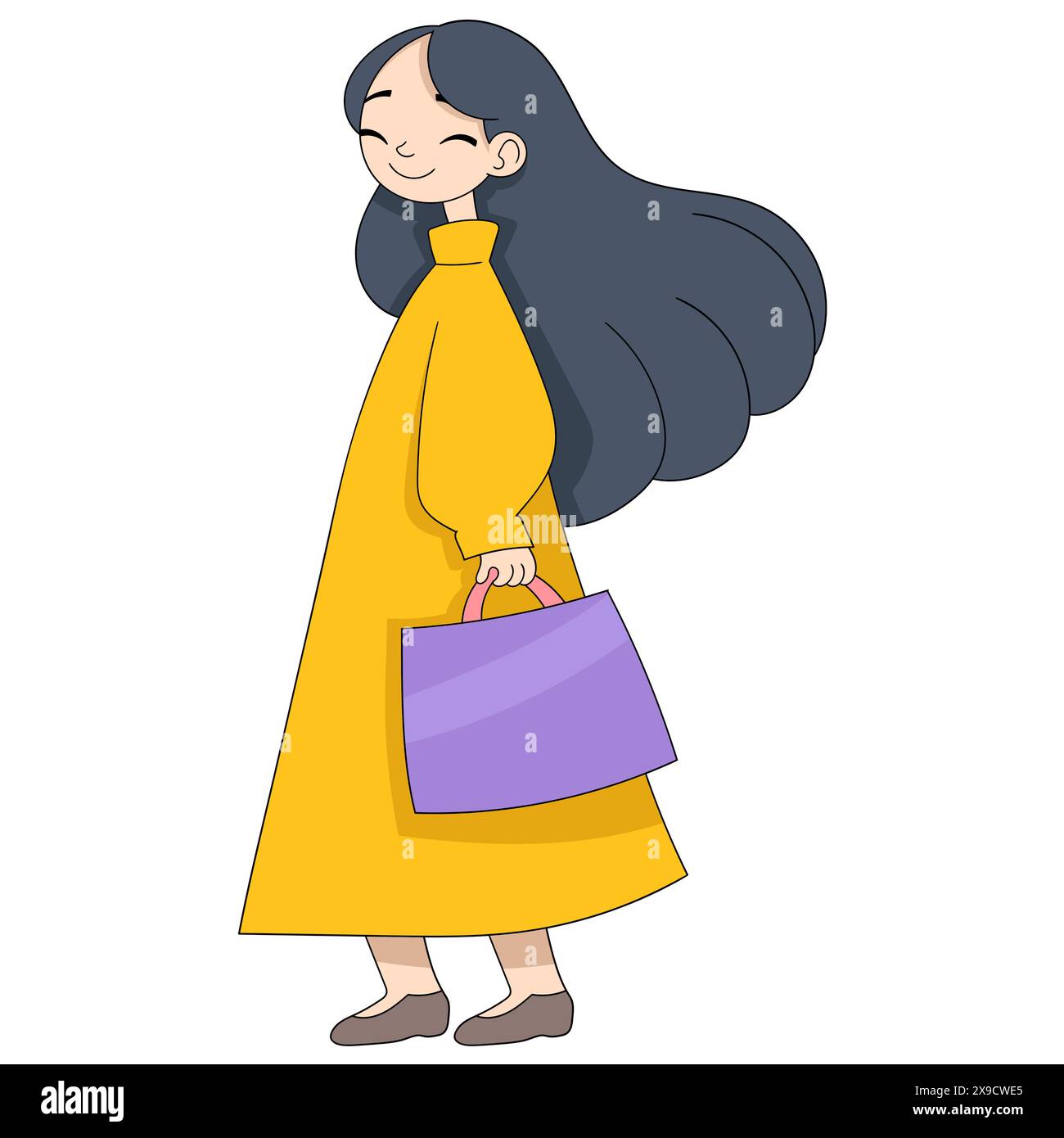 cartoon doodle illustration of women's activities, happy girl walking ...