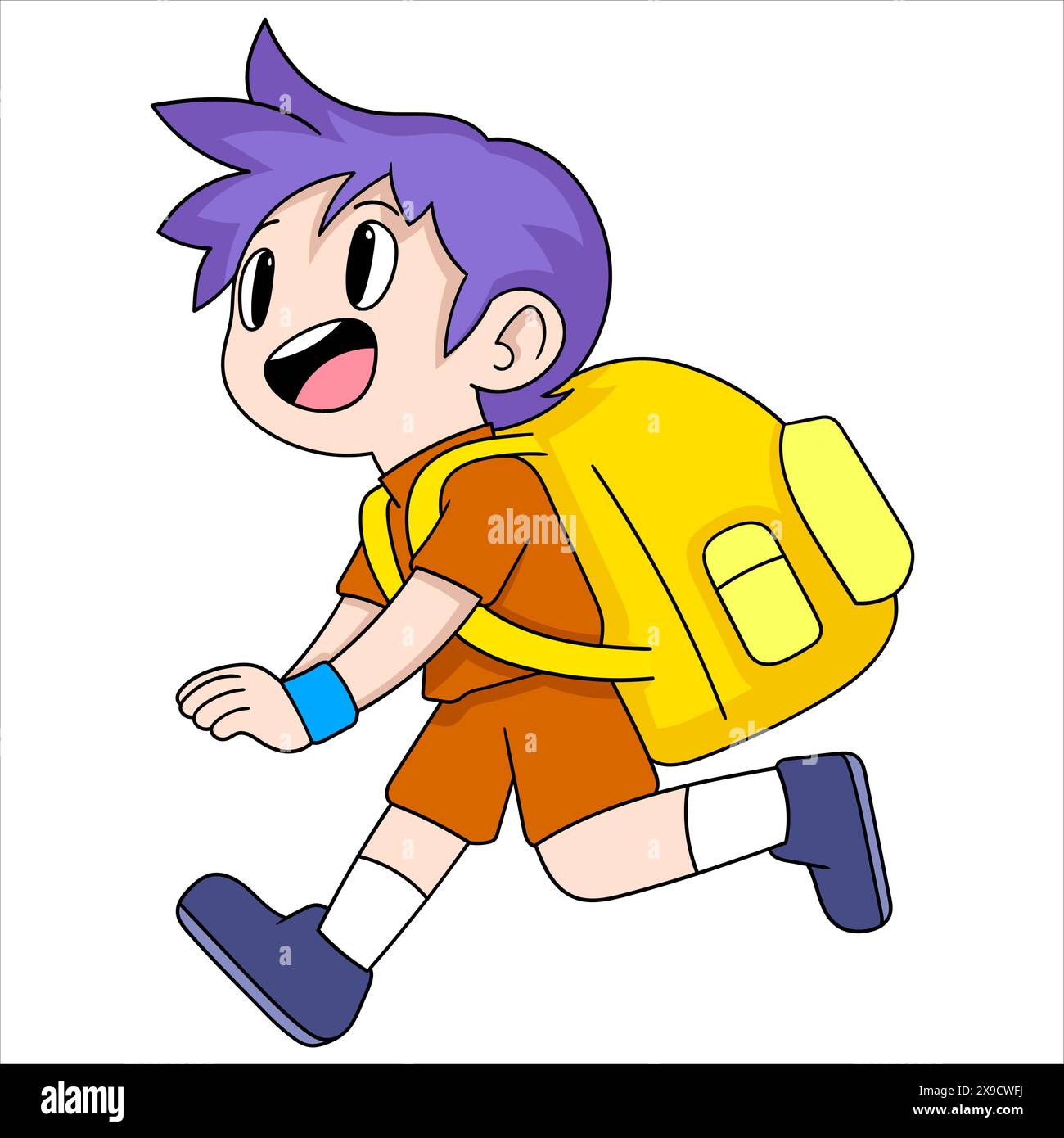 cartoon adventure doodle illustration, boy walking happily exploring ...