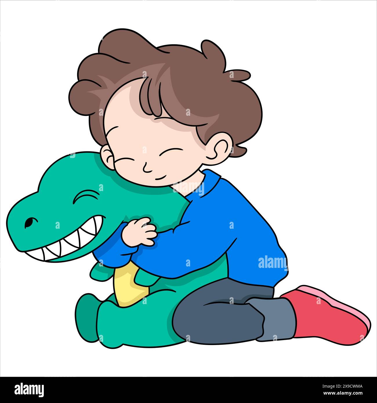 illustration of a happy kid's cartoon doodle, boy playing hugging his ...