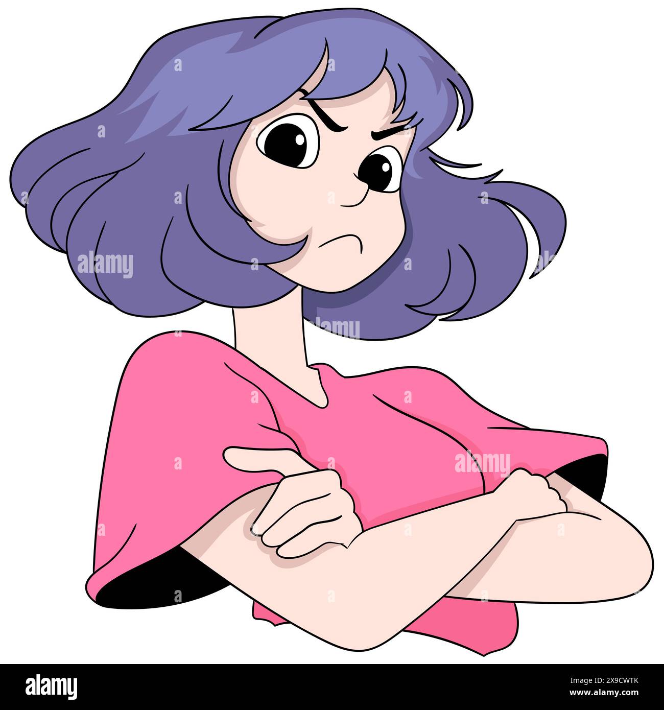 illustration of a cartoon doodle drawing, a beautiful woman with short ...