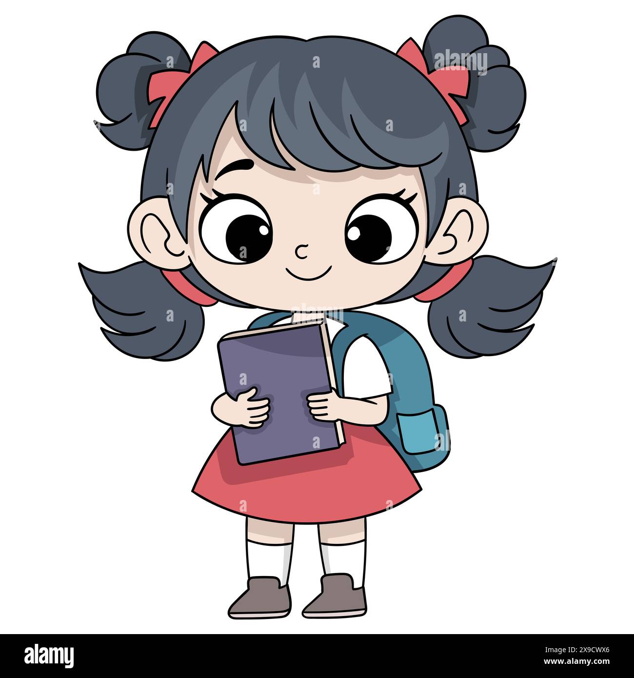 doodle cartoon illustration, little girl student is carrying books ...