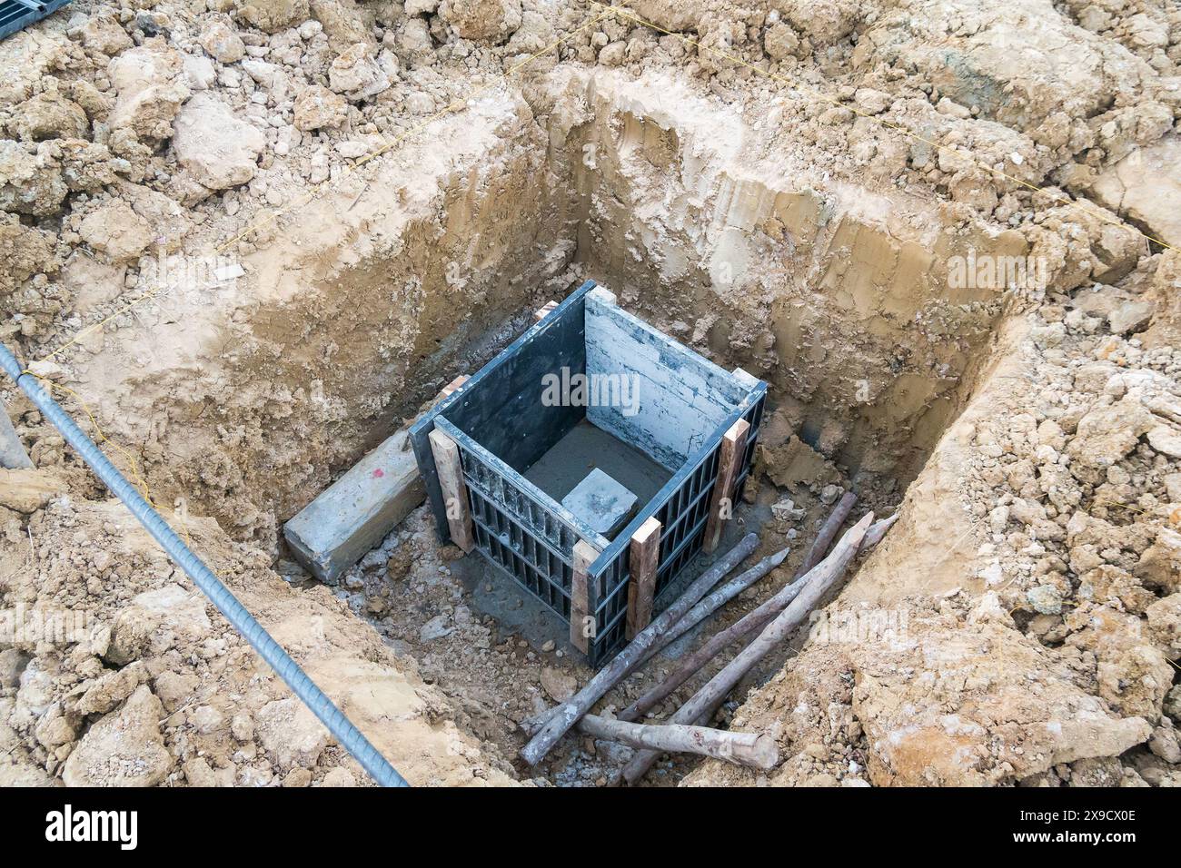 concrete pile in formwork frame for building house construction ...