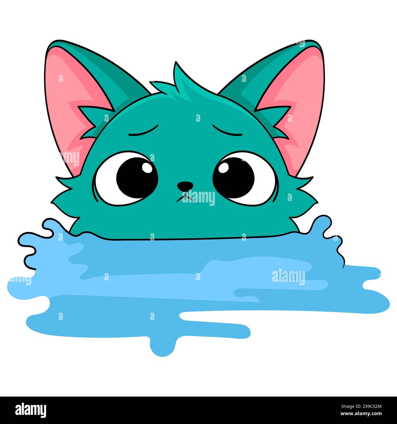 cartoon doodle illustration cute animal, A kitten with a scared green ...