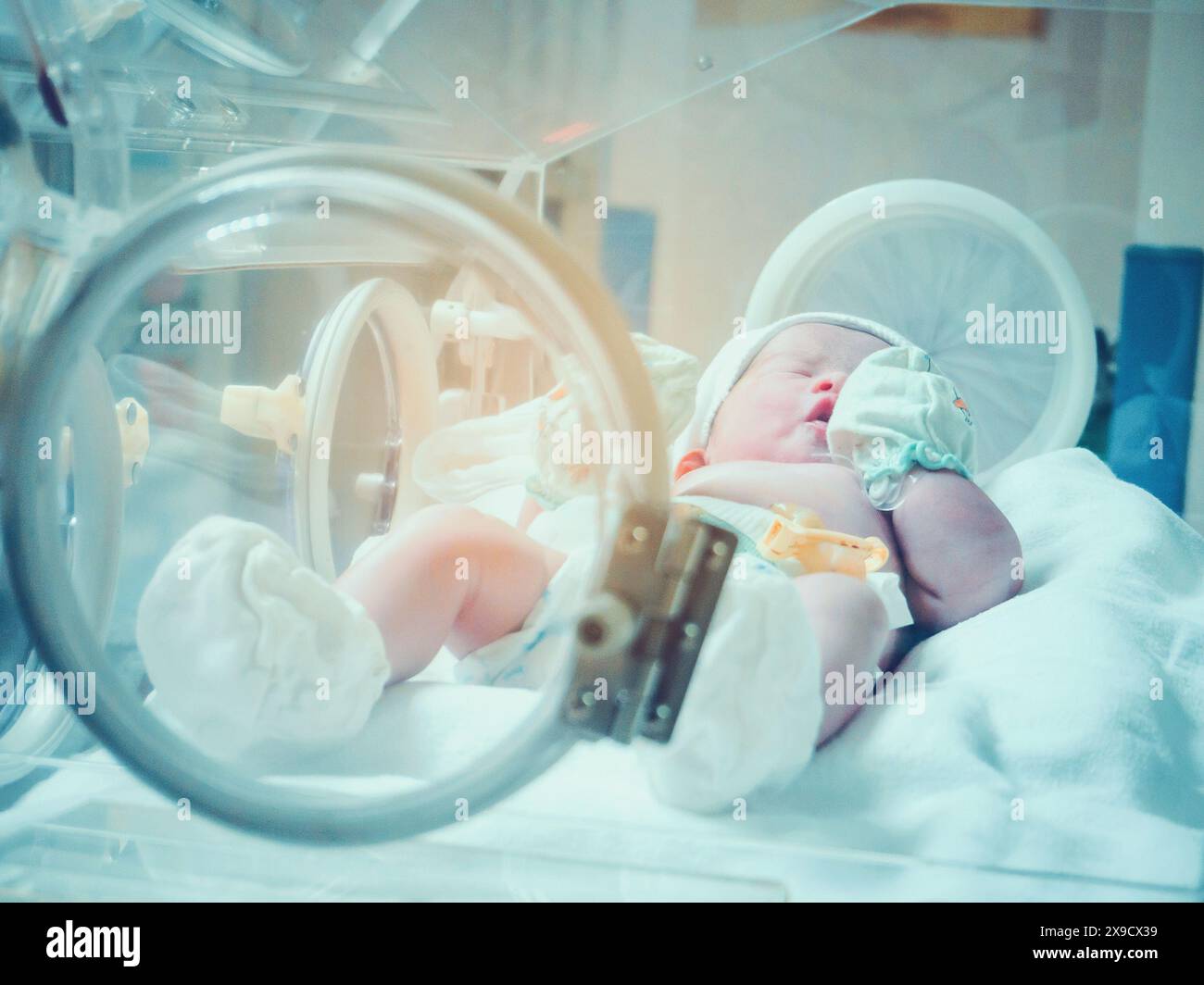 Newborn baby girl inside incubator in hospital post delivery room Stock ...