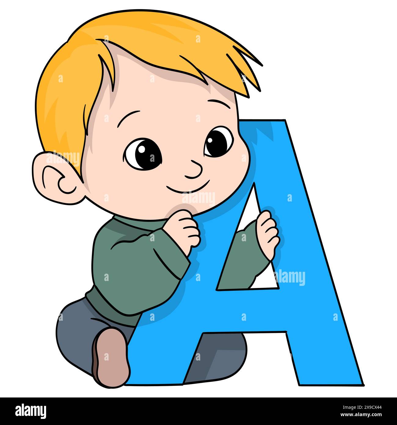 cartoon doodle illustration of early learning, baby boy is playing ...