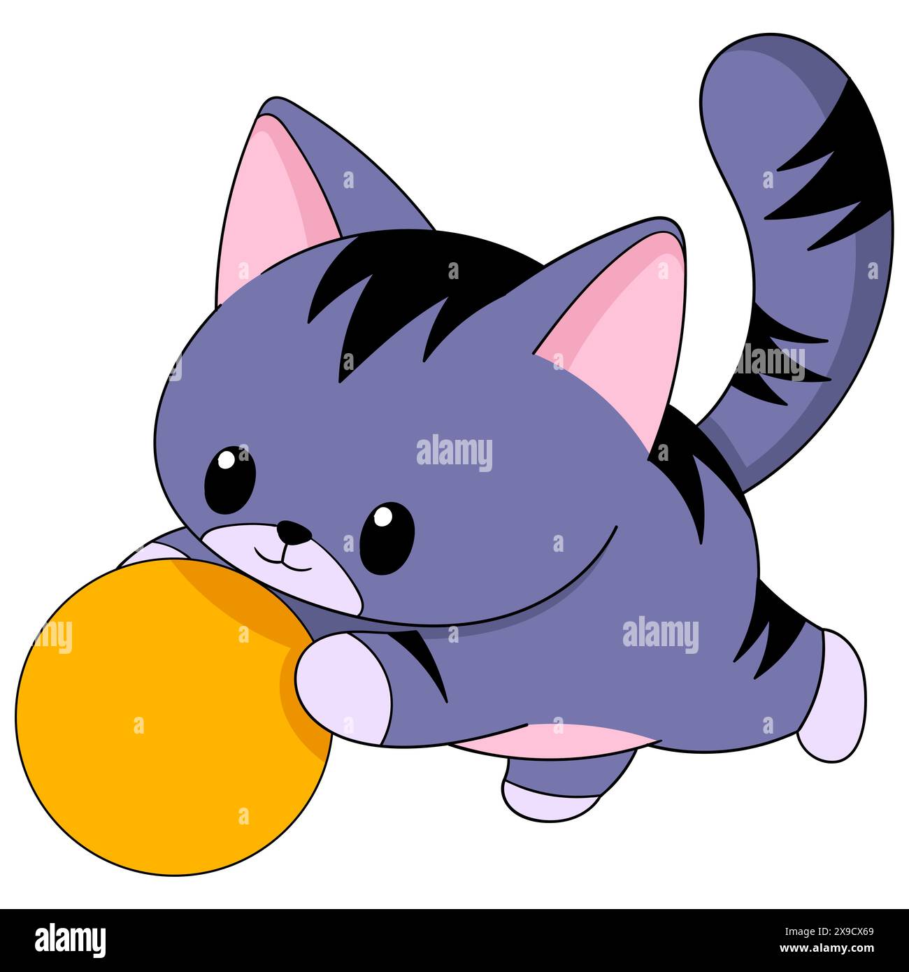 doodle illustration of a cute cartoon animal, a purple cat playing and ...