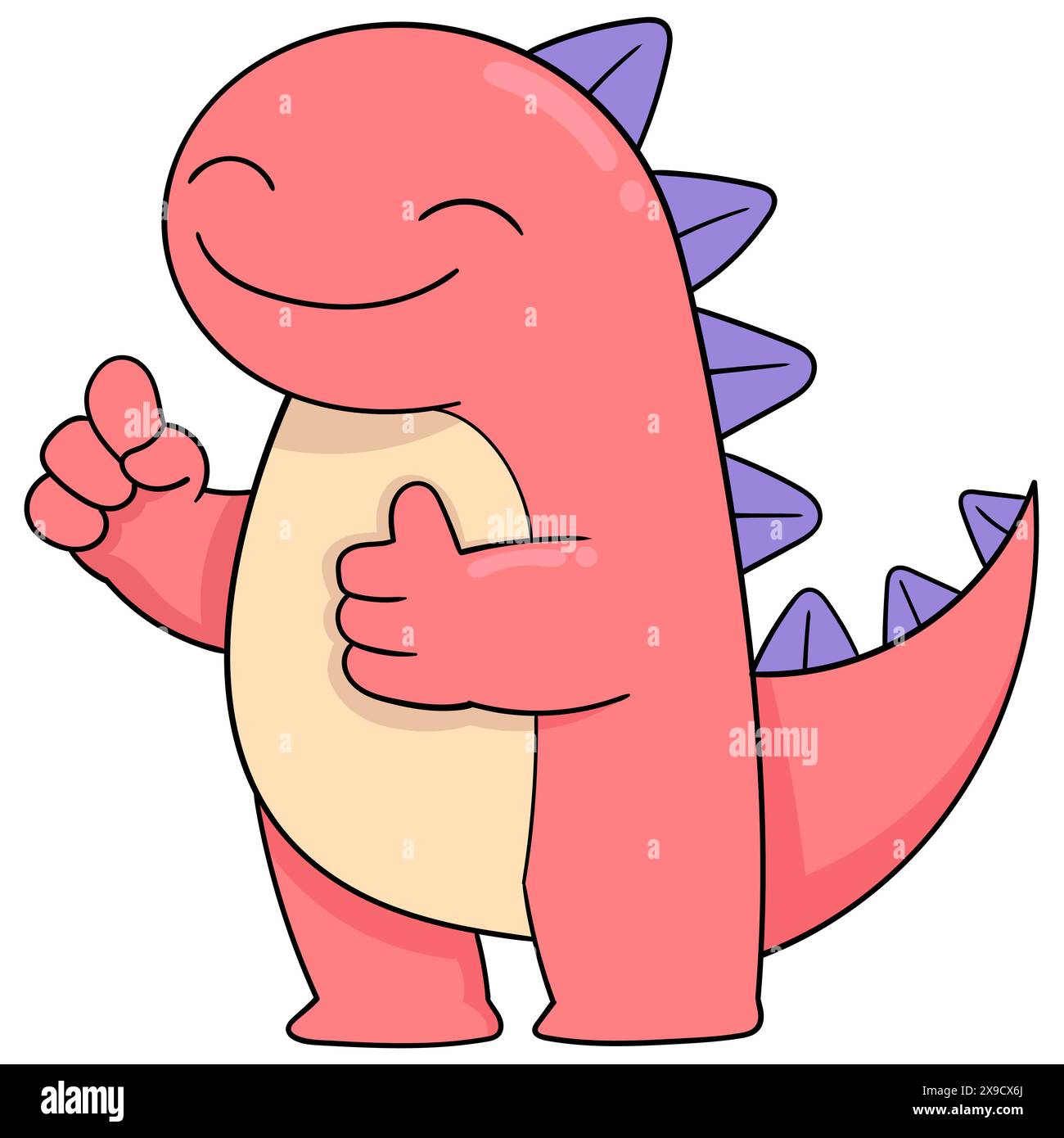 cartoon doodle illustration, a short and cute red fat dinosaur showing ...