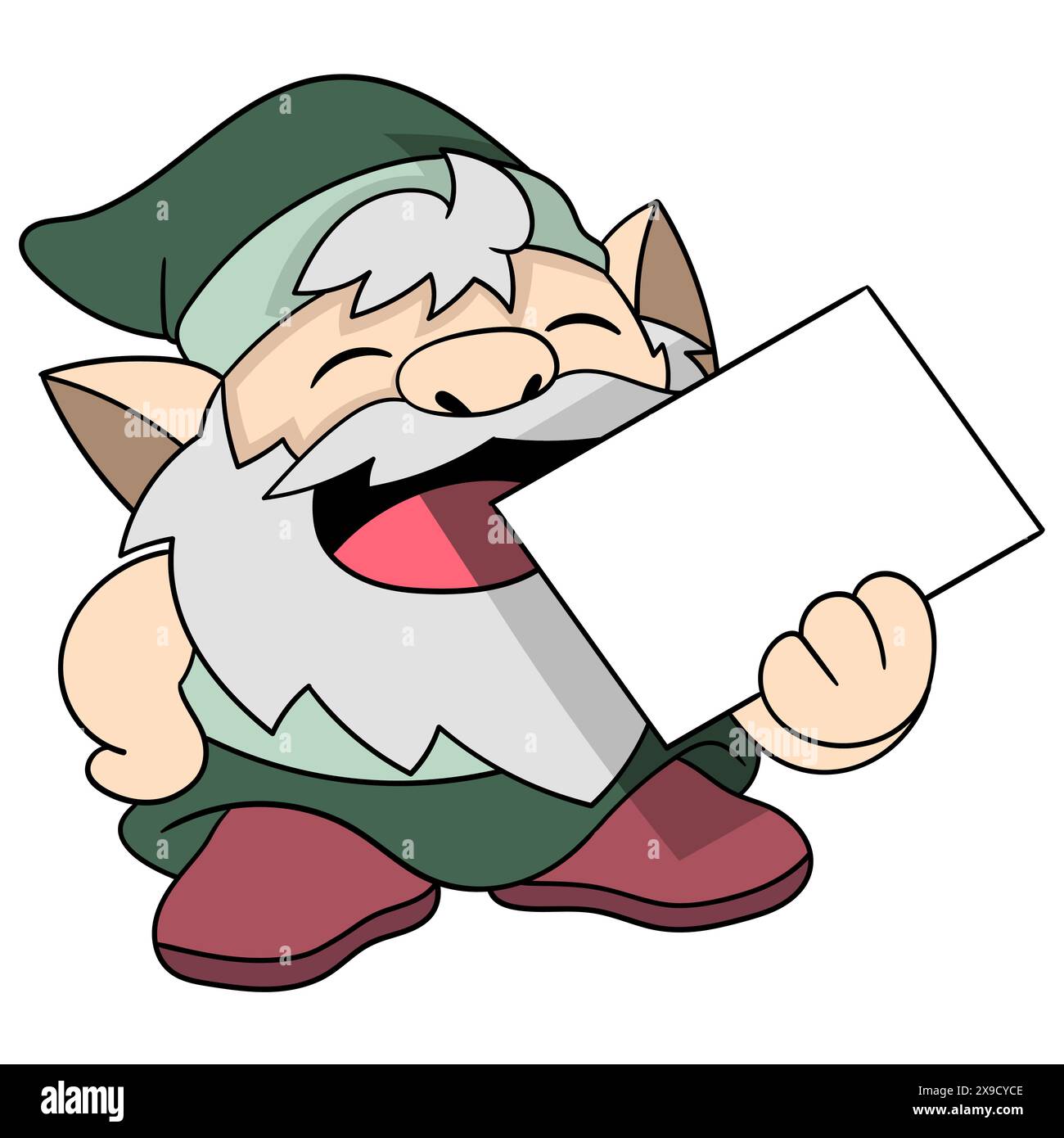 doodle cartoon cute character, laughing gnome dwarf is carrying a blank ...