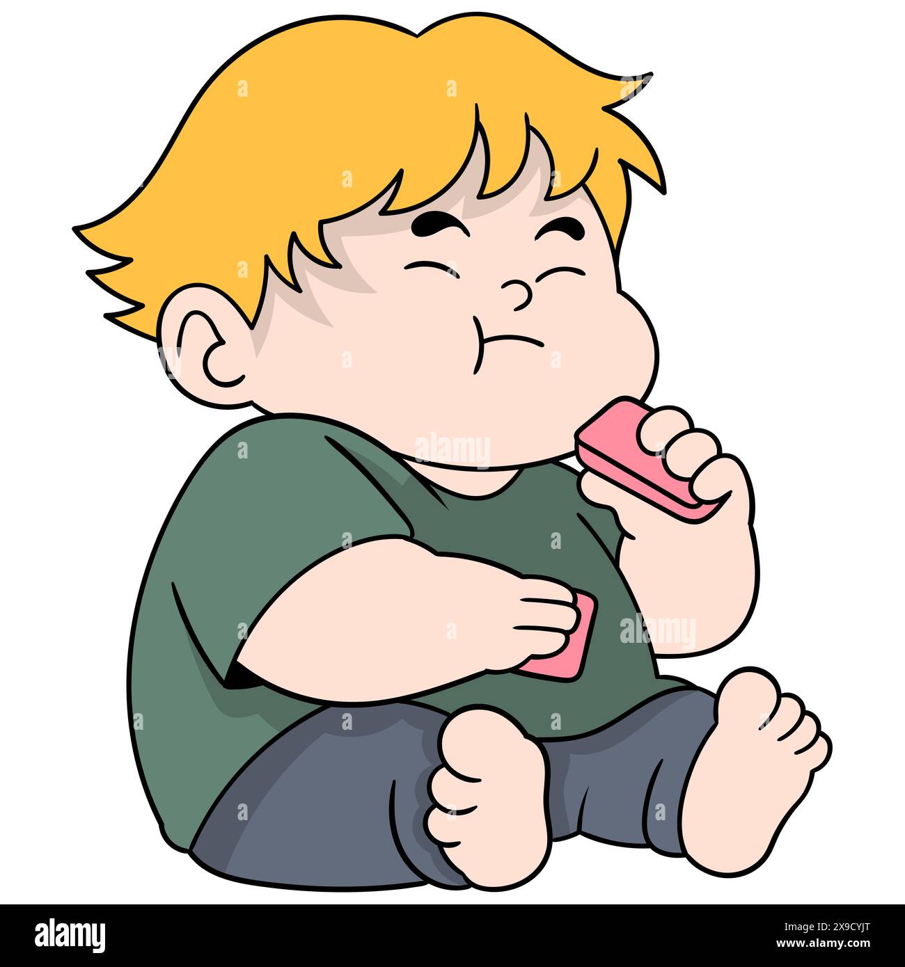 cartoon doodle of children doing activities, fat boy is sitting ...