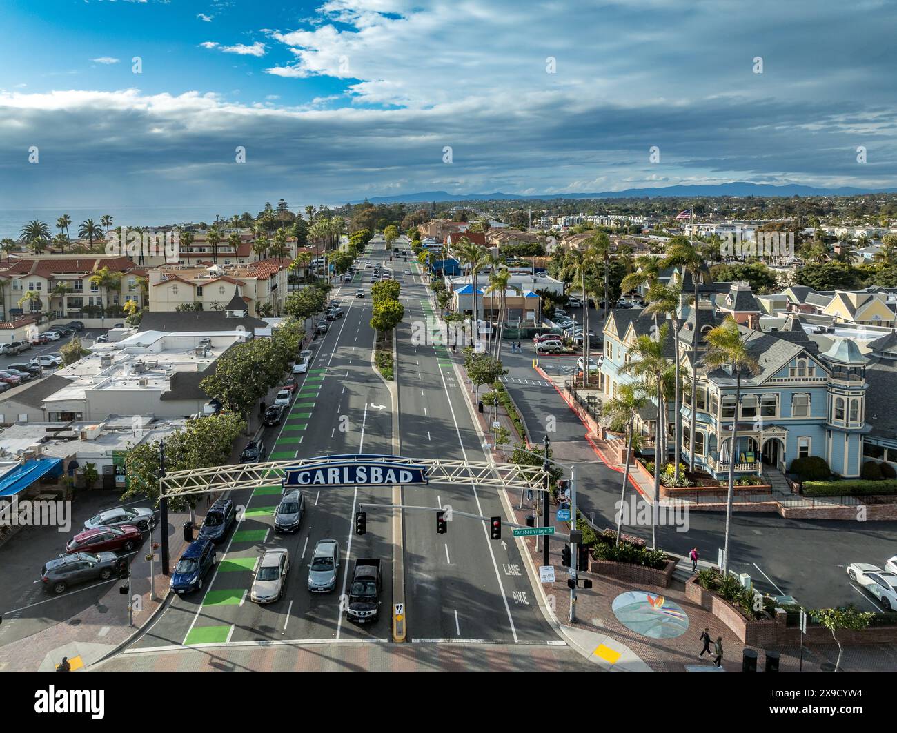 Aerial view of Carlsbad California downtown, Carlsbad boulevard with ...