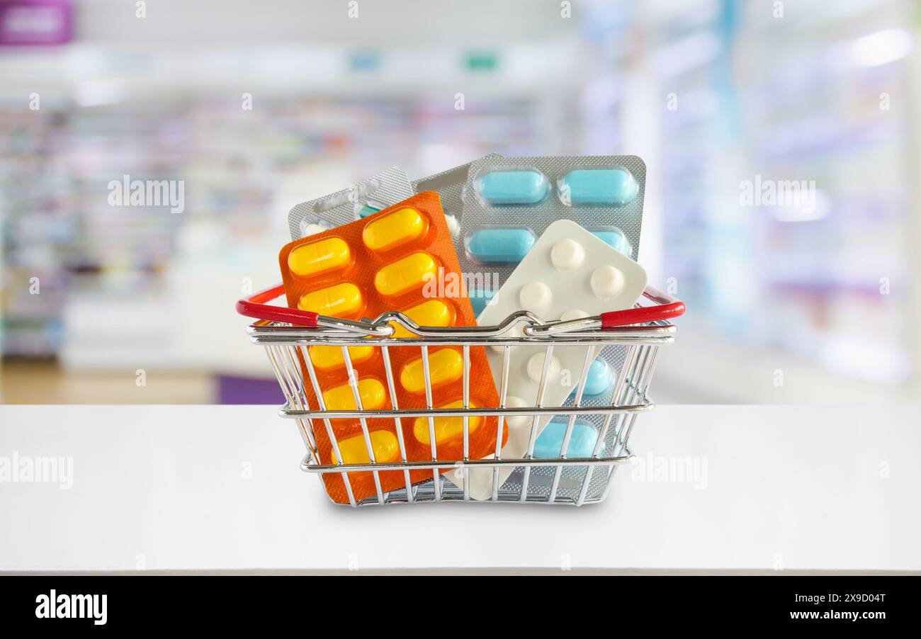 Medicine pills package in shopping basket with pharmacy drugstore ...