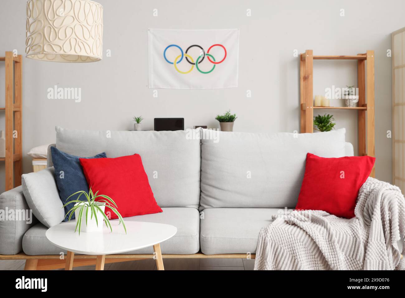 Interior of living room with grey sofa, coffee table and Olympic flag ...