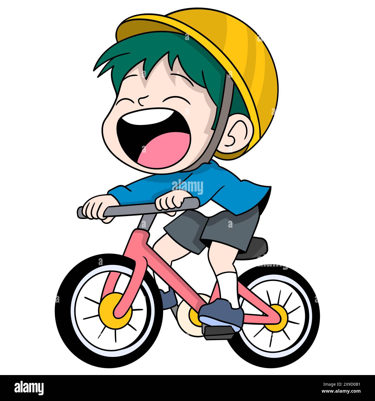 Cartoon doodle of children activities, boy is happy cycling using a ...