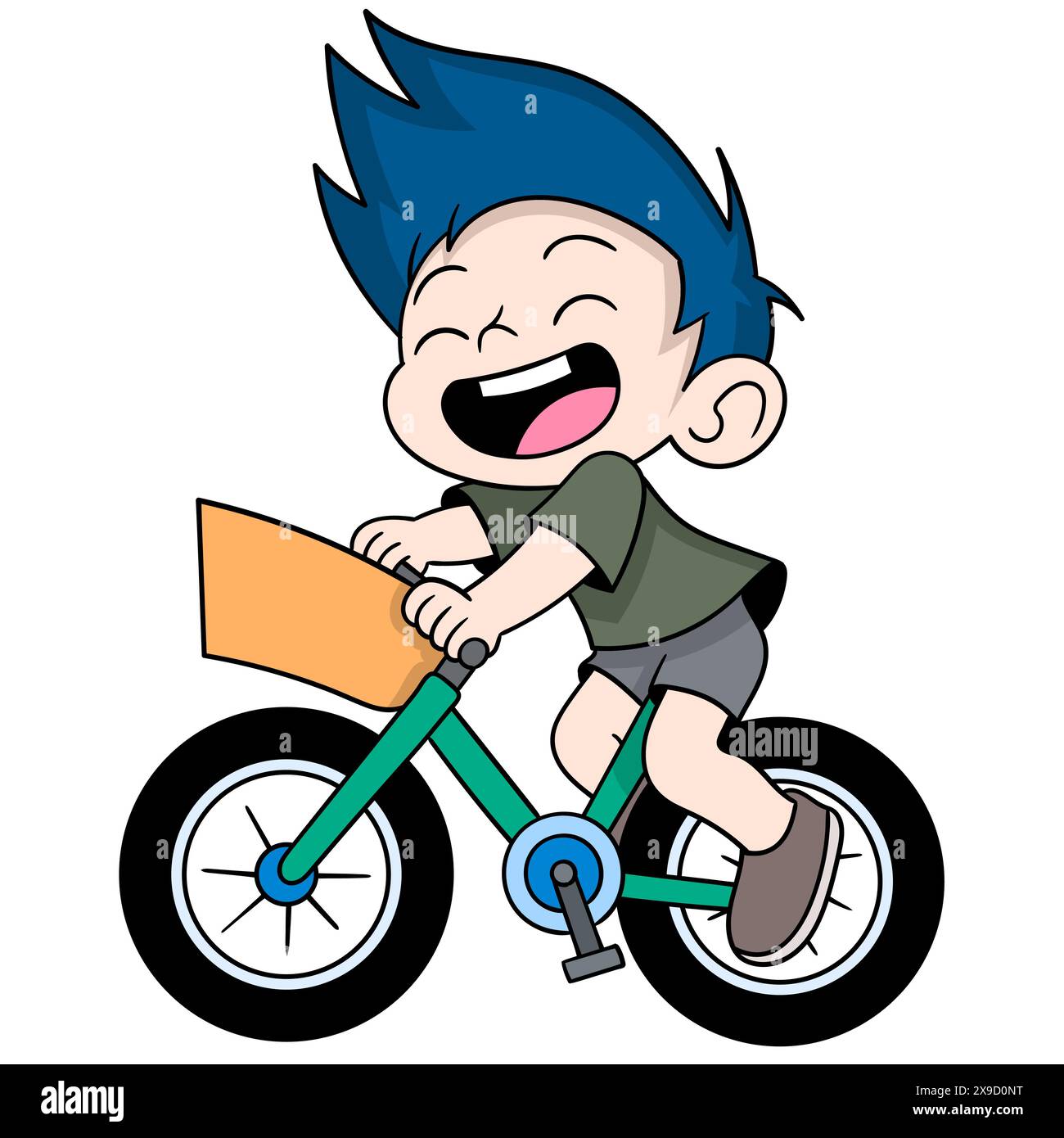 Cartoon doodle of children activities, boy cycling with happy faceflat ...