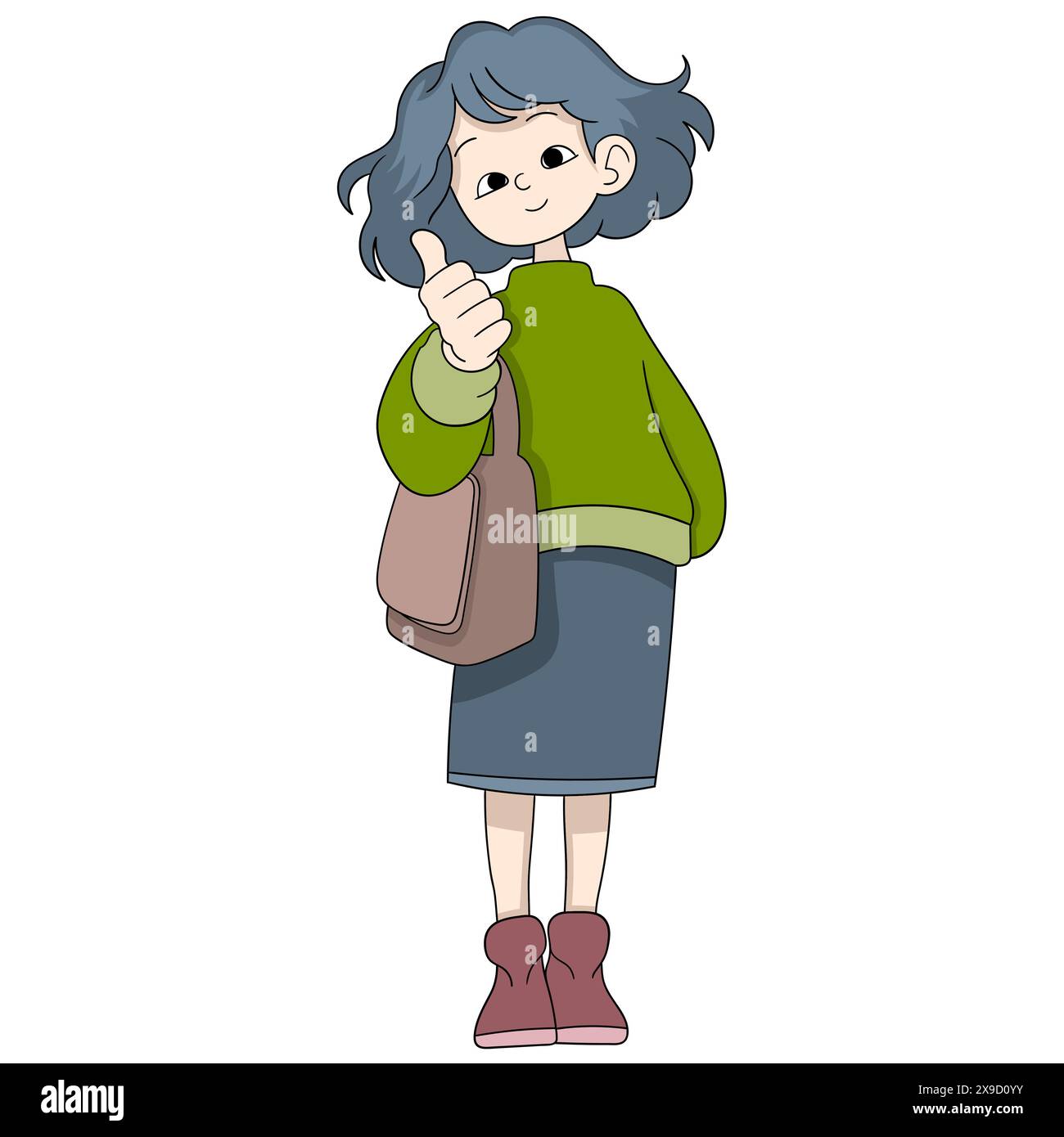 cartoon doodle of human activity shopping, girl is standing carrying a ...