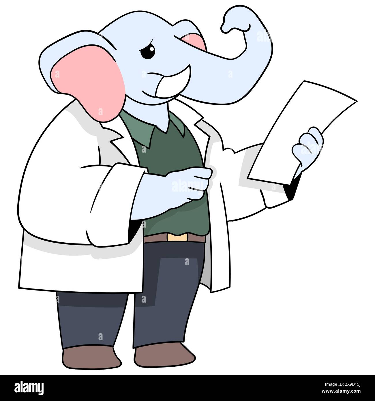 cartoon doodle of animals doing activities, an elephant doctor is ...