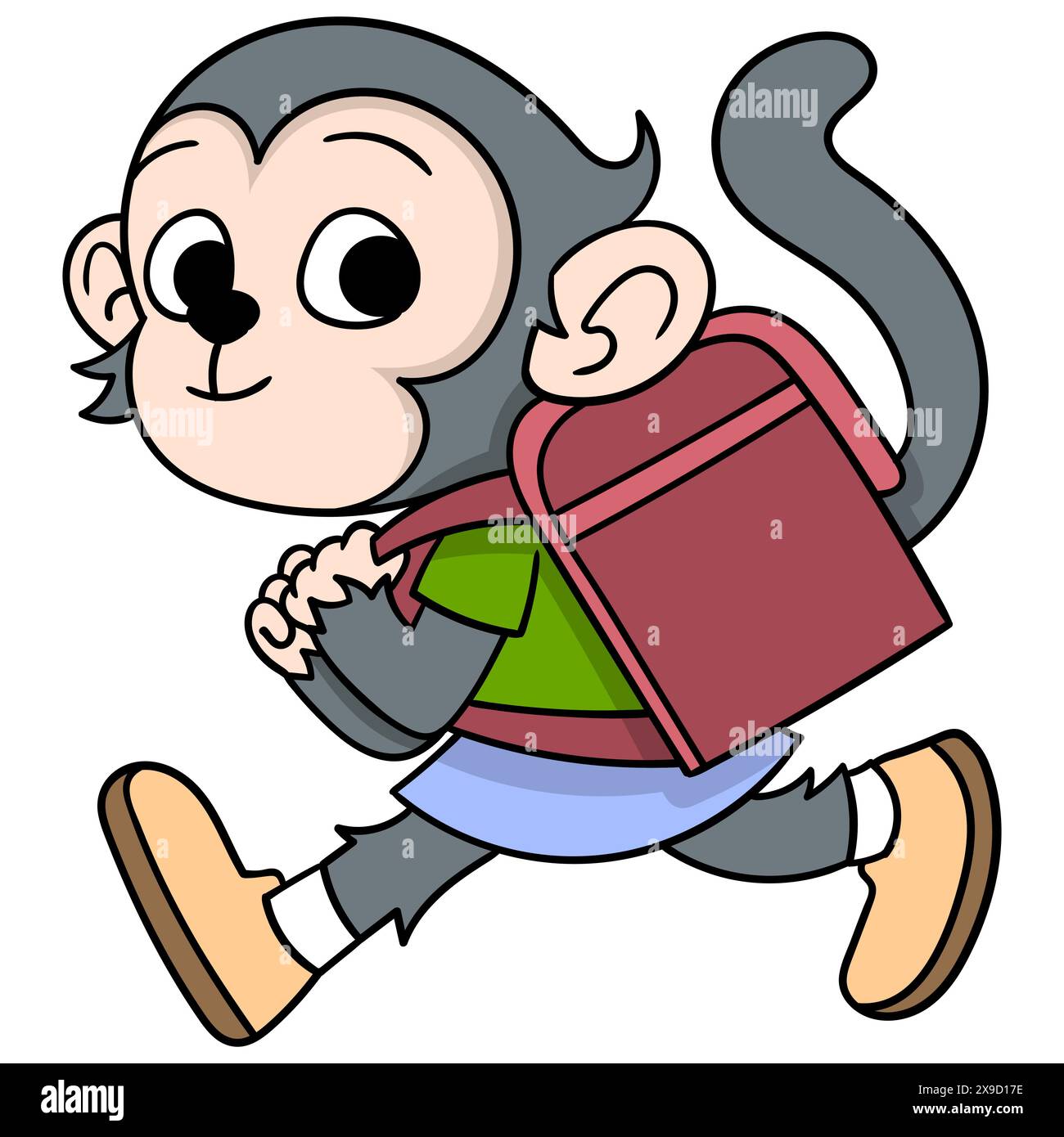 educational cartoon doodle, a female monkey student is walking with a ...