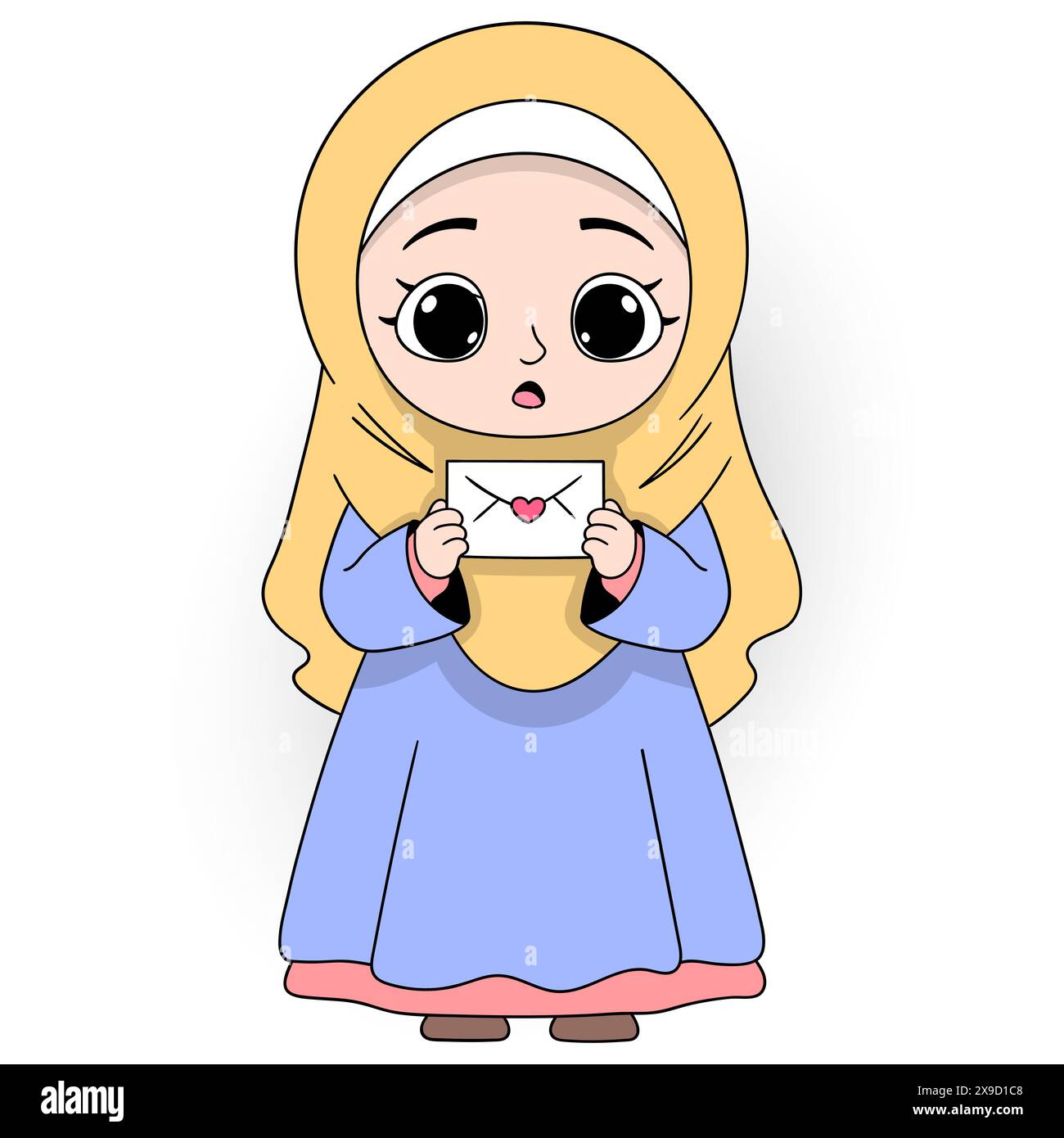 Muslim cartoon doodle, beautiful woman wearing a hijab holding a love ...